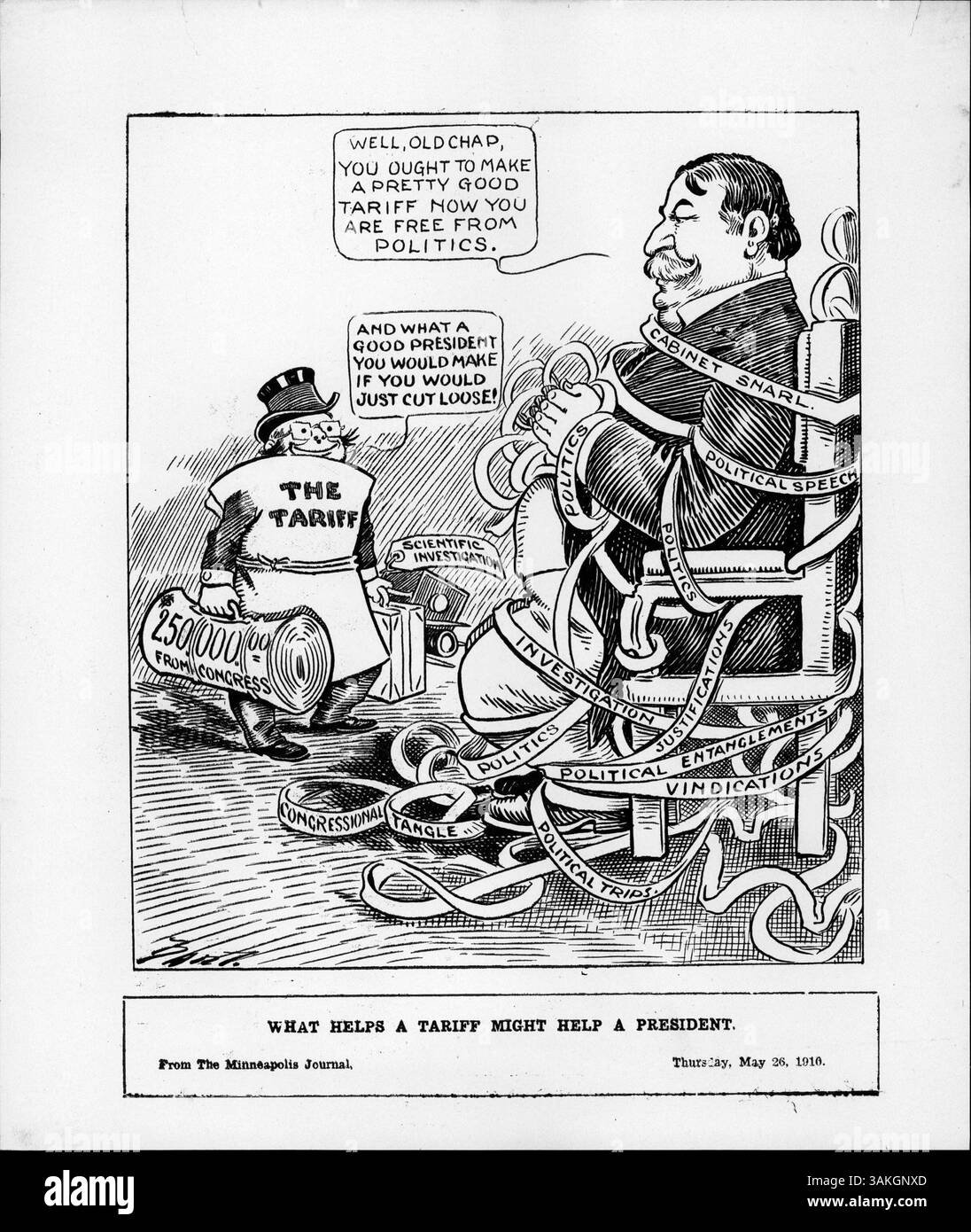 A political cartoon showing President Taft surrounded by terms related ...