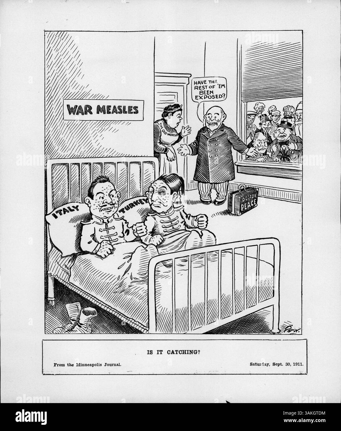This satirical cartoon depicts Italy and Turkey as patients in a ...