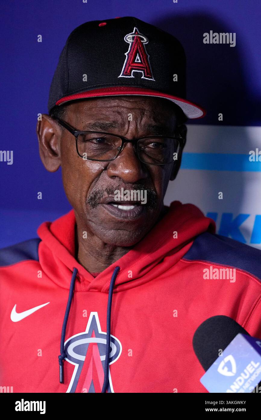 Los Angeles Angels manager Ron Washington (37) speaks with the media ...