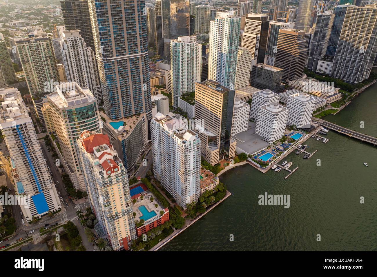 Miami, coastal city in Florida. Waterfront skyscraper buildings in ...