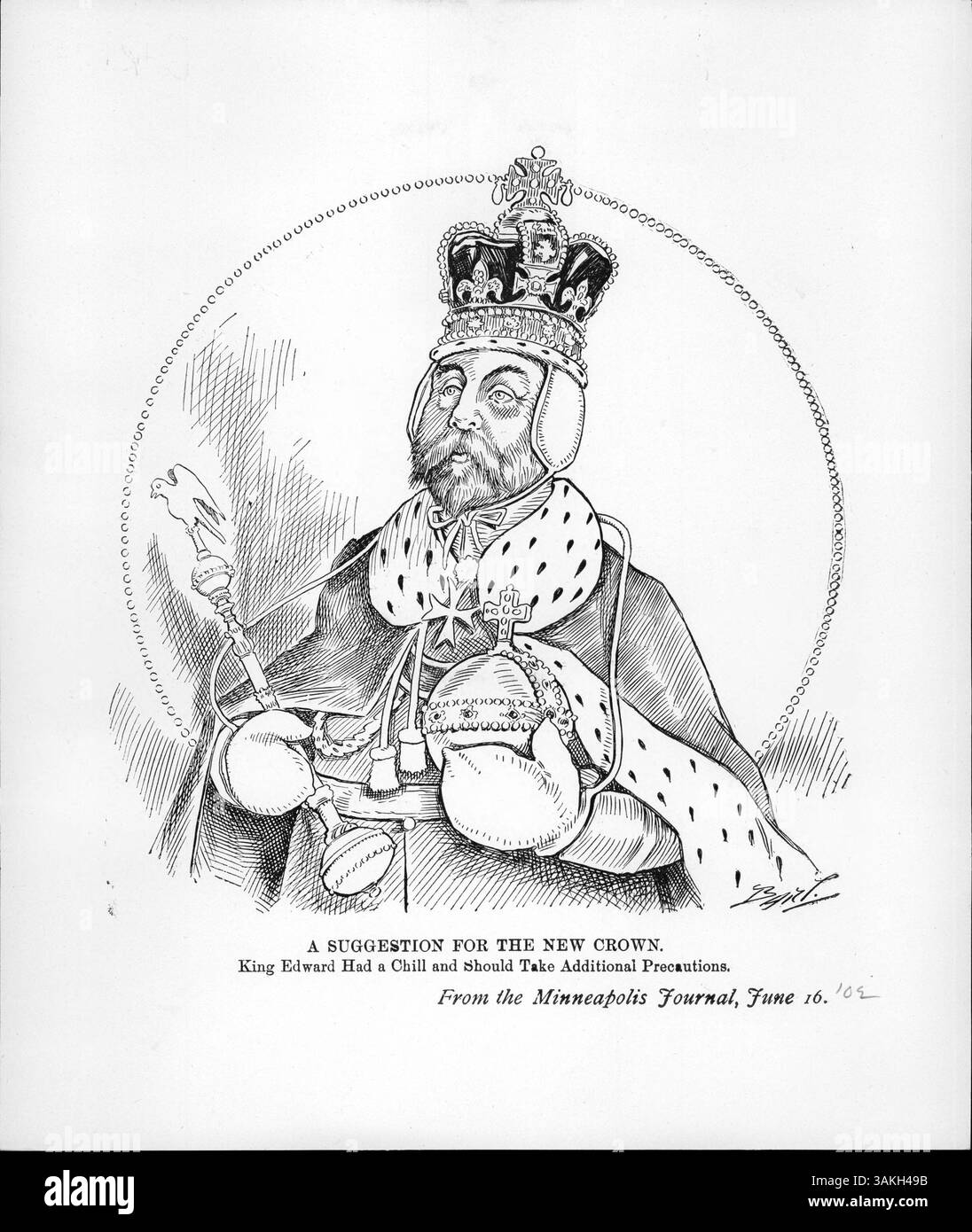 This cartoon depicts King Edward preparing for his coronation, wearing ...