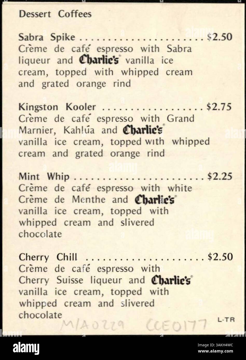 A small bi-fold menu from Charlie's Cafe Exceptionale, printed on white ...