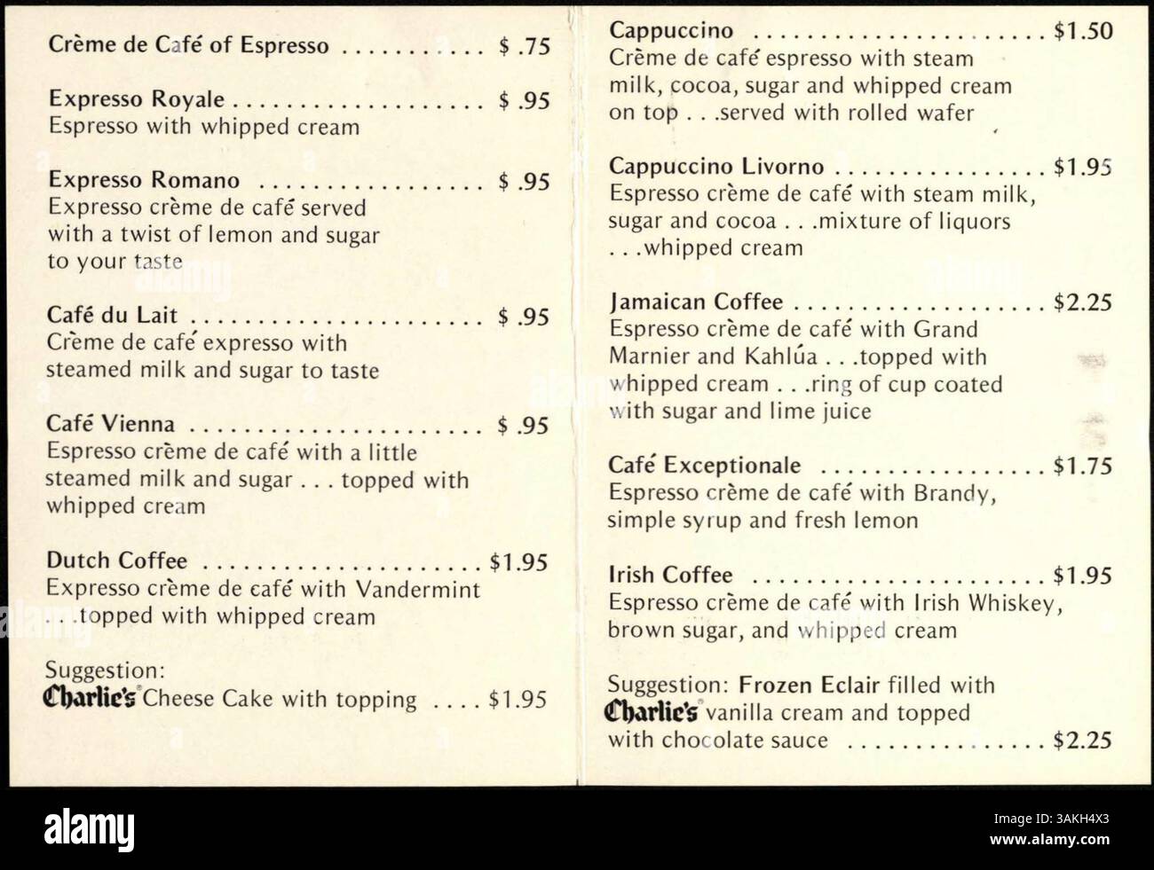 A bi-fold coffee menu from Charlie's Cafe Exceptionale, printed in ...