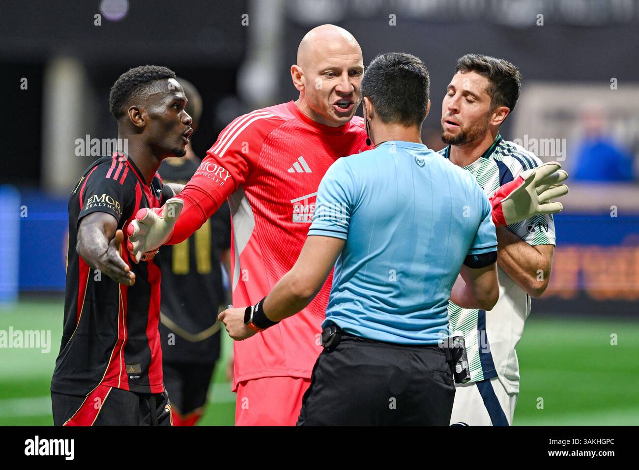 ATLANTA, GA – APRIL 12: Brad Guzan #1 of Atlanta argues with referee ...