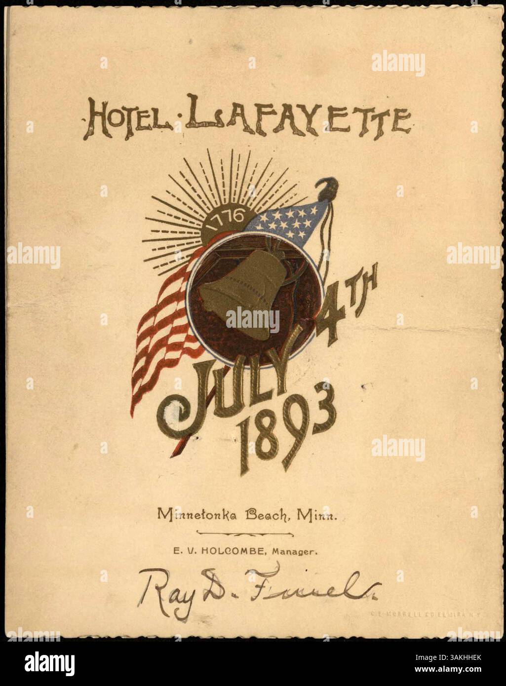 The hand-painted cover of the Hotel Lafayette Independence Day menu ...