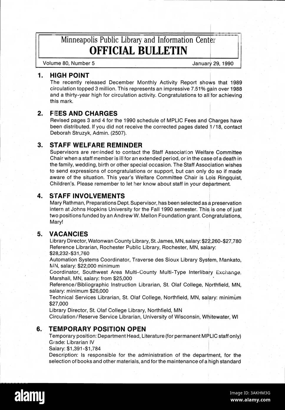The 1990 Minneapolis Public Library weekly bulletin offers updates ...