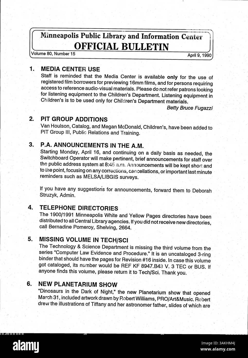 The 1990 Minneapolis Public Library Official Bulletin provided staff ...