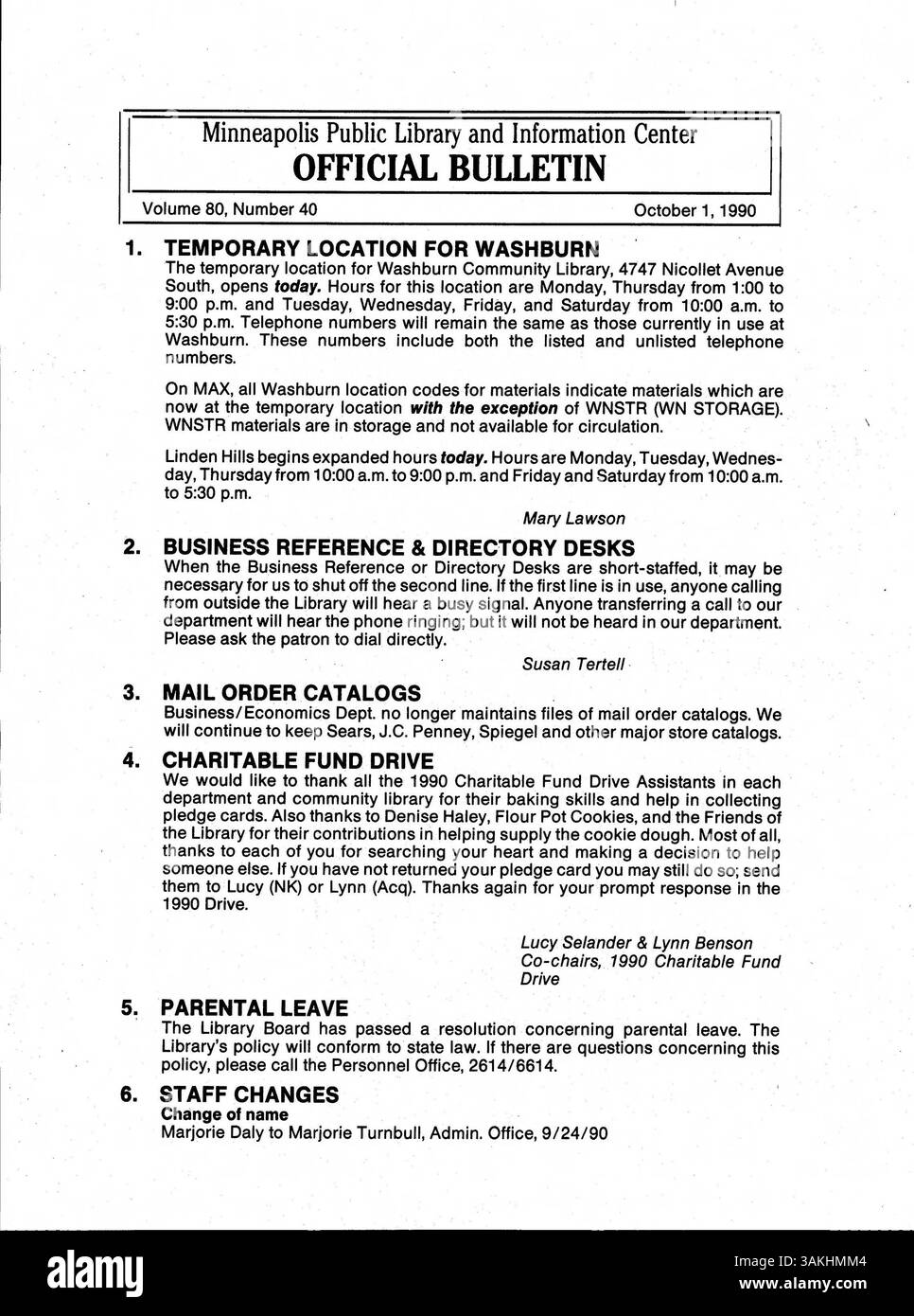 The weekly 1990 Minneapolis Public Library Official Bulletin provided ...