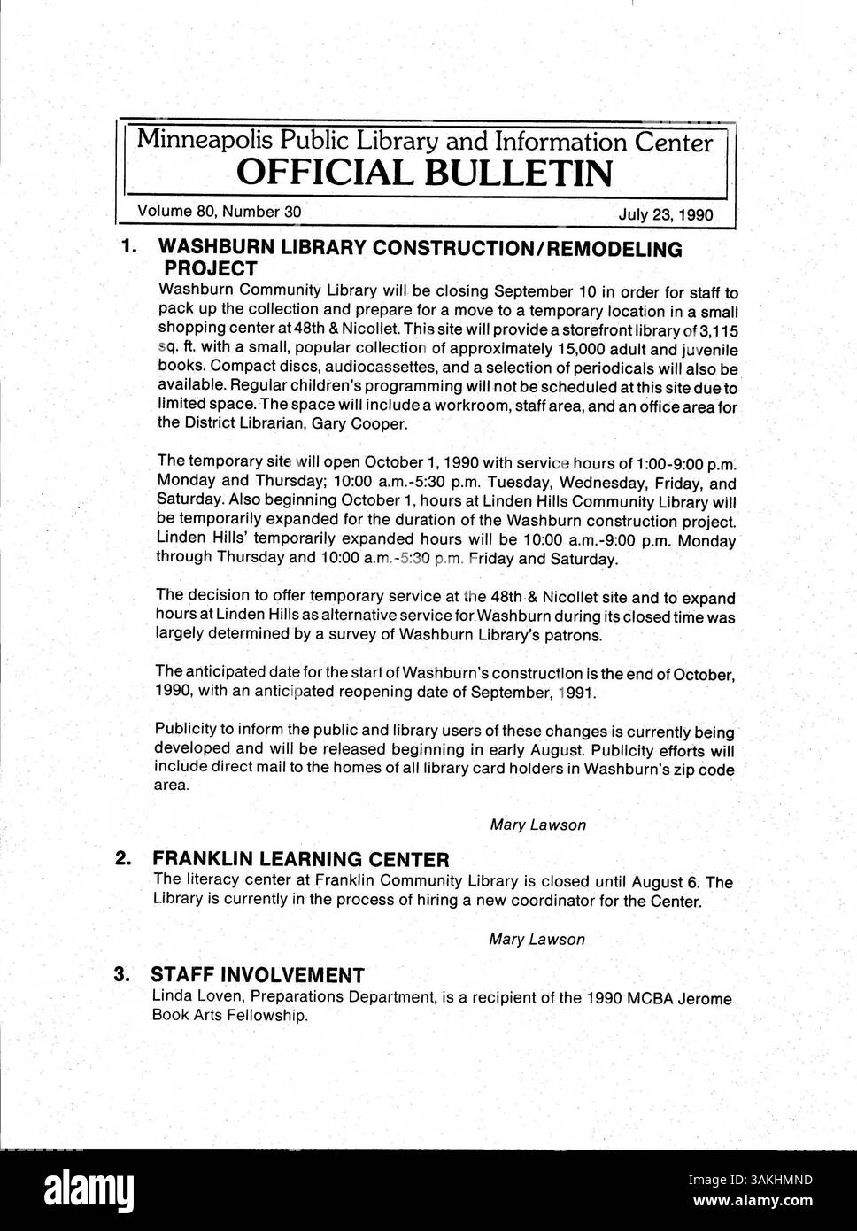 This 1990 weekly bulletin for Minneapolis Public Library staff provides ...