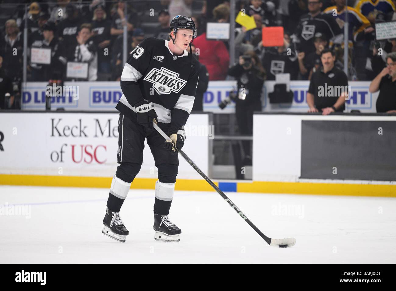 Los Angeles Kings center Samuel Helenius looks on prior to an NHL ...