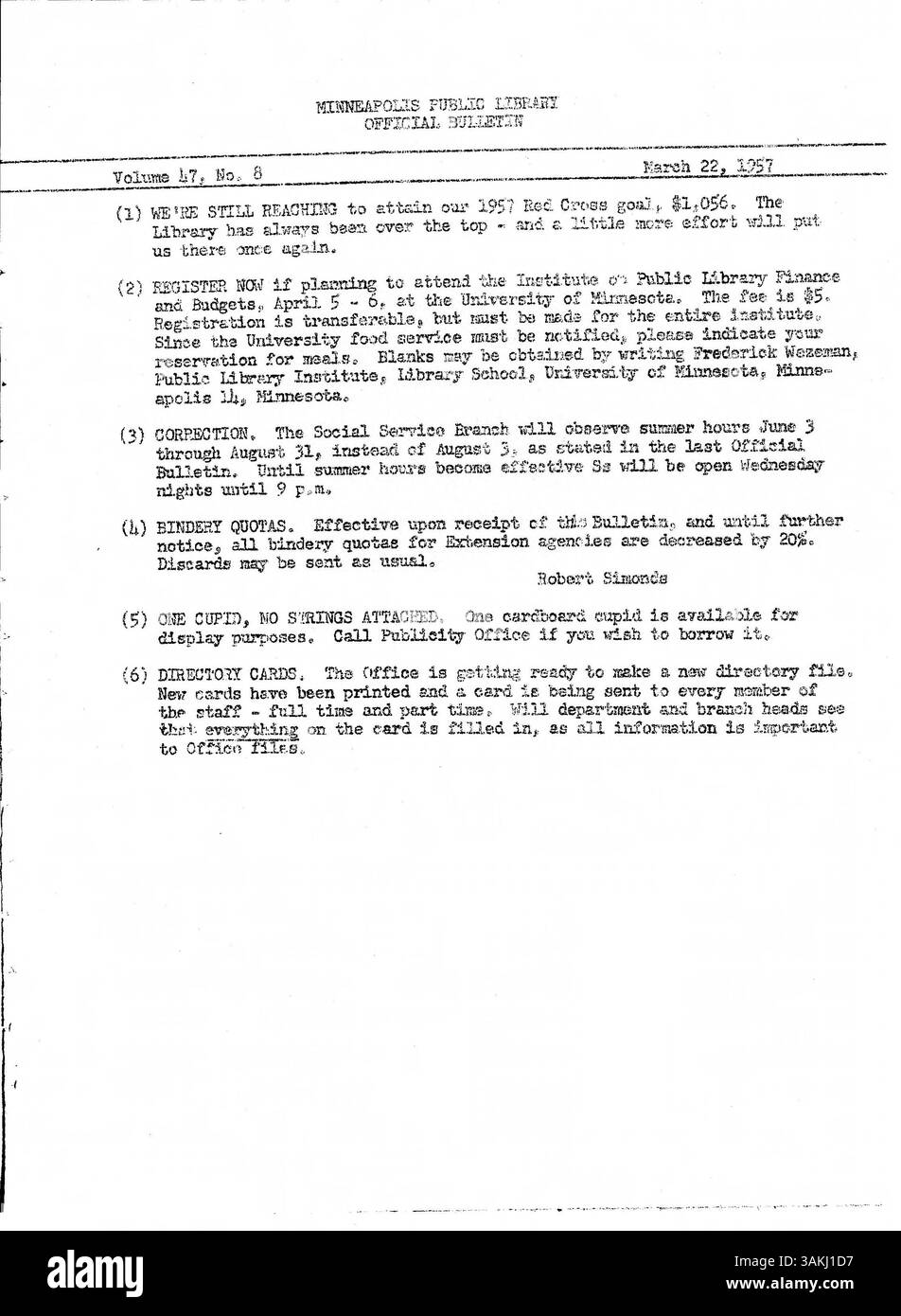 The 1957 Minneapolis Public Library official bulletin served as a ...