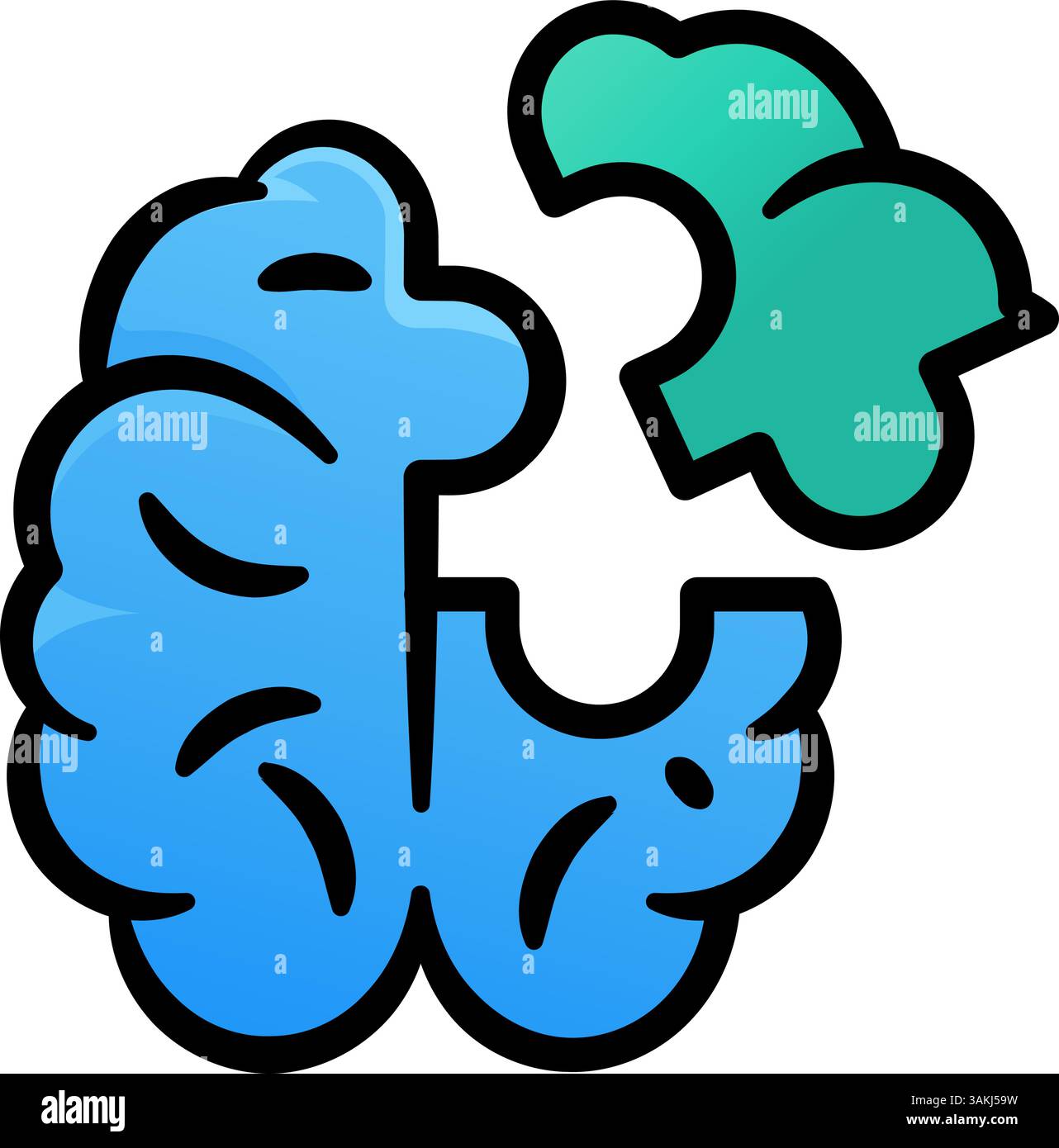 A colors linear illustration of a brain with puzzle elements, depicting ...