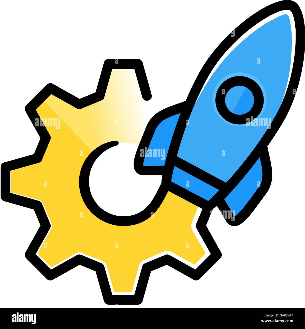 A icon illustration of a gear-powered rocket launch, depicting business ...