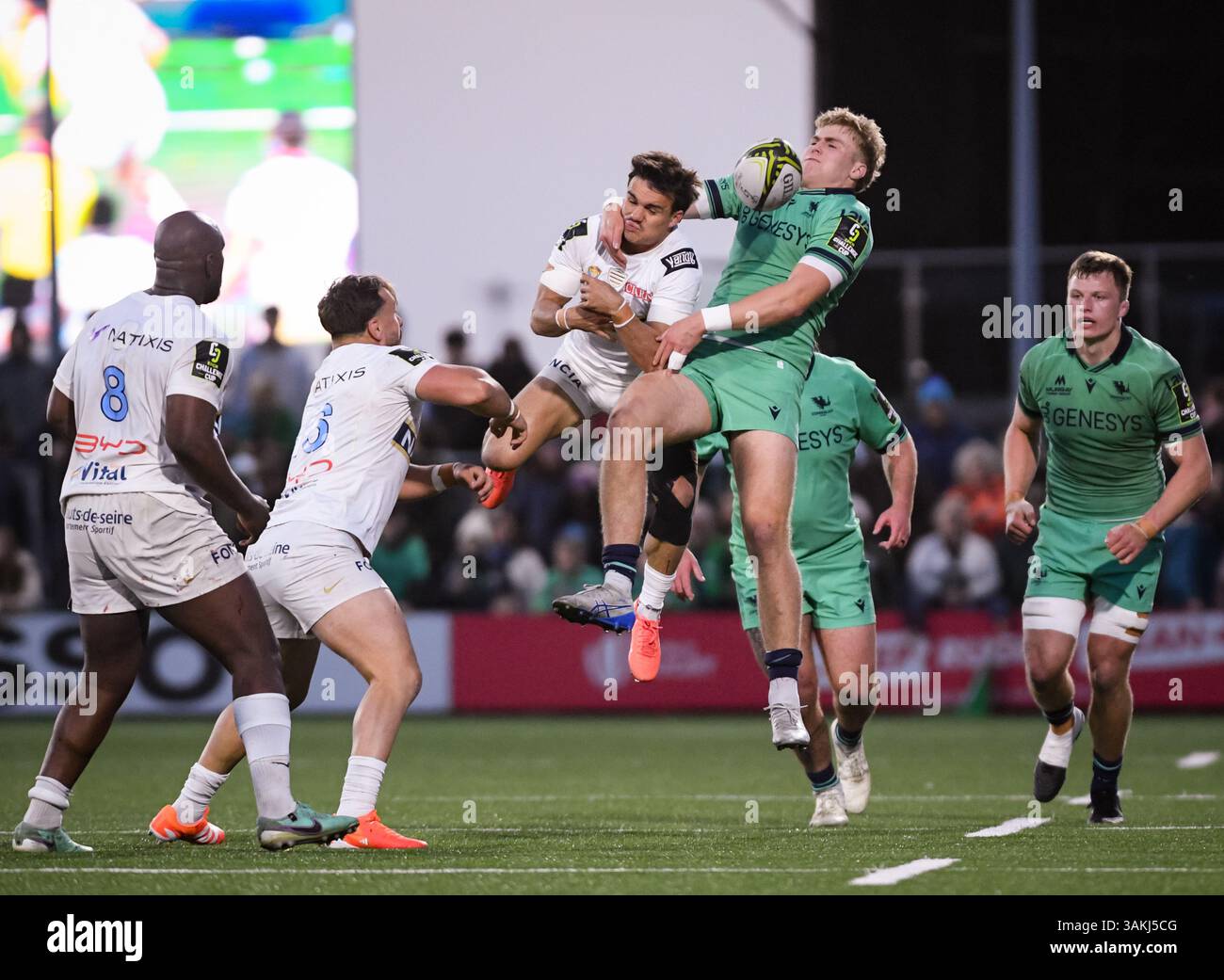 Galway, Ireland. 12th April, 2025. Racing 92's Max Spring and Connacht ...
