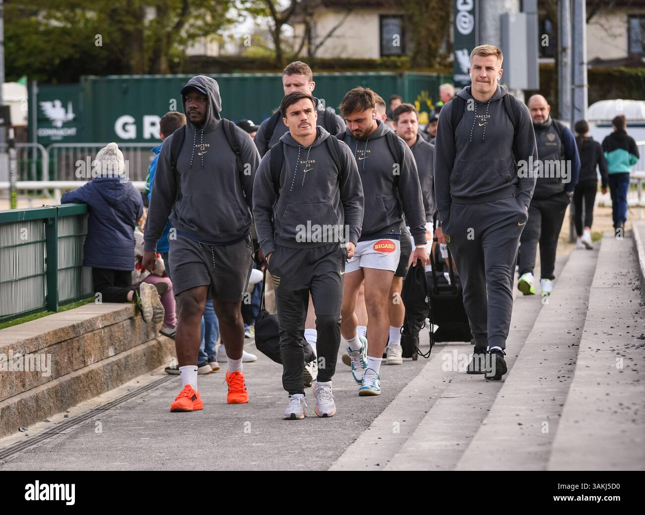 Galway, Ireland. 12th April, 2025. The Racing 92 team arrives at the ...