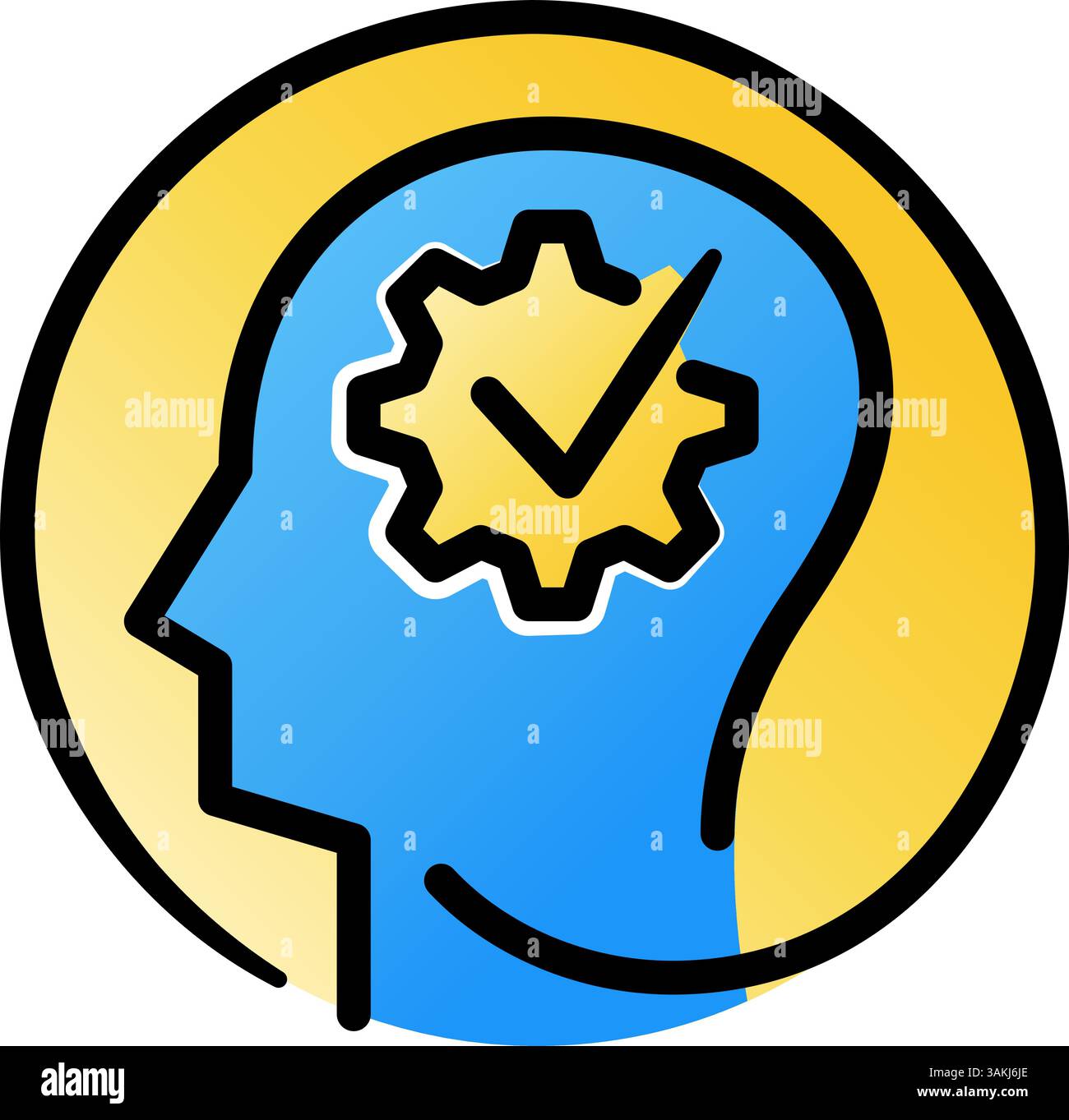 A sleek vector icon combining a gear head figure with a check mark ...