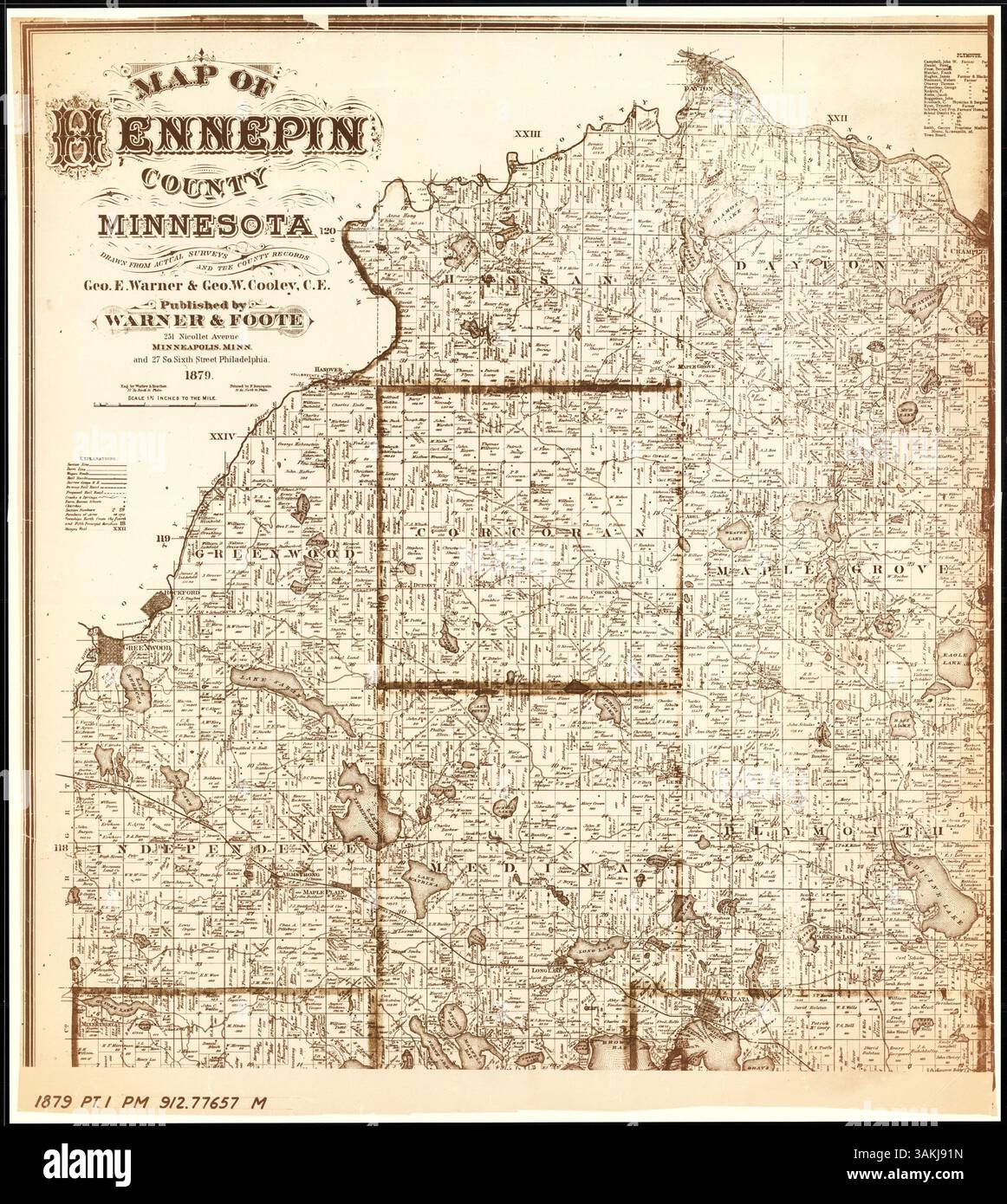 This 19th-century map of Hennepin County, Minnesota, displays land ...