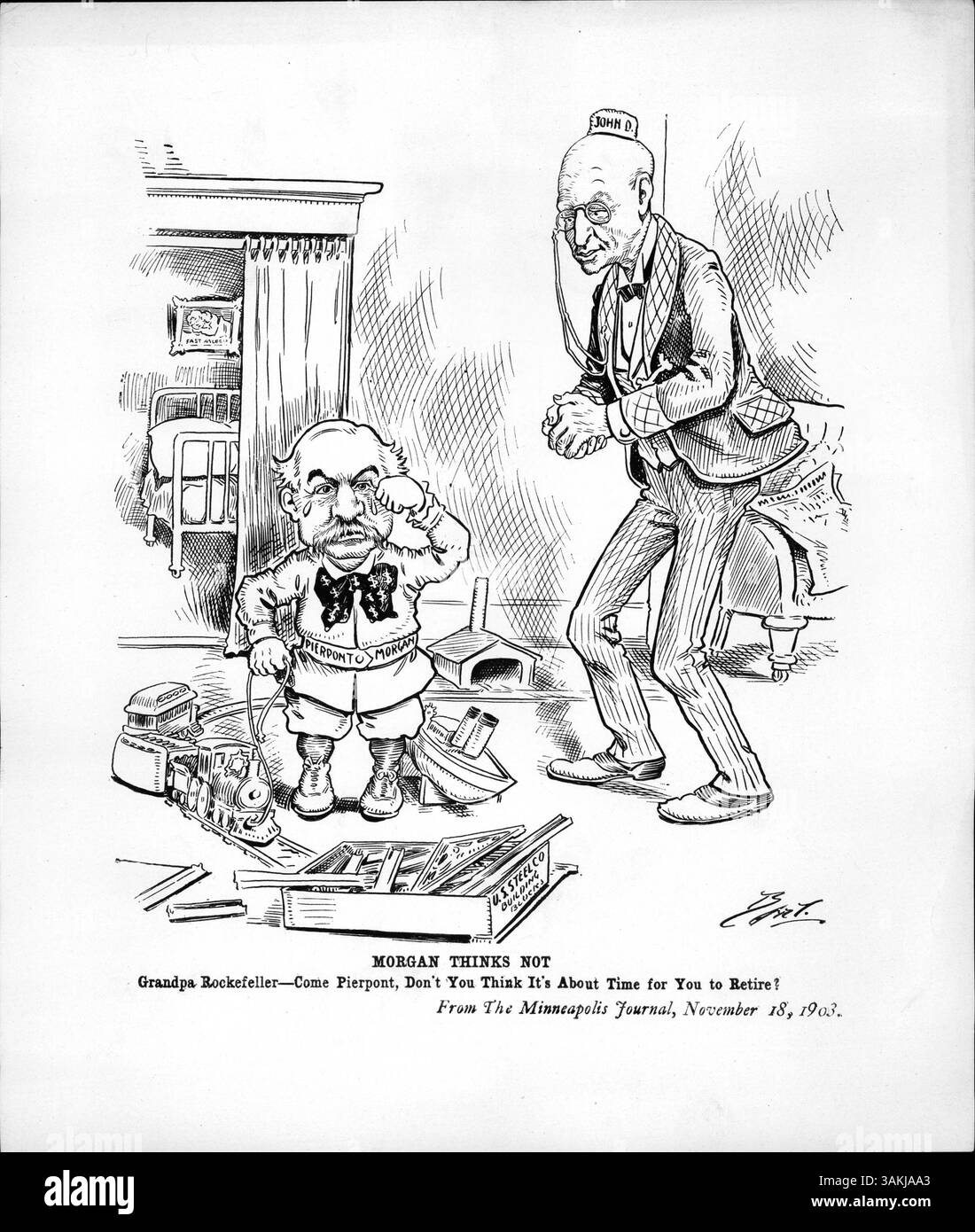 The historical scene depicts young J.P. Morgan, playfully resisting his ...