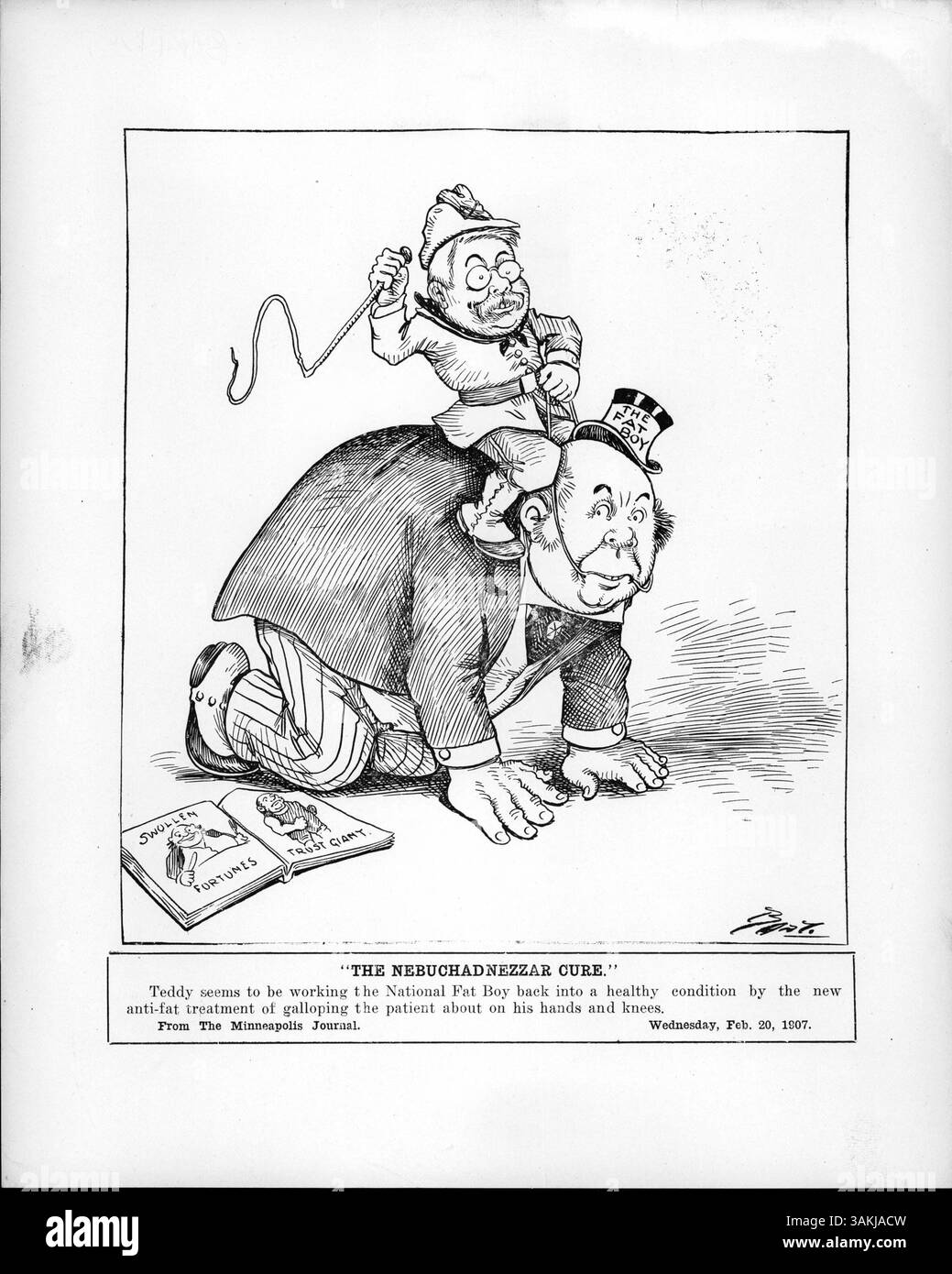 A political cartoon illustrating President Roosevelt riding 'the Fat ...