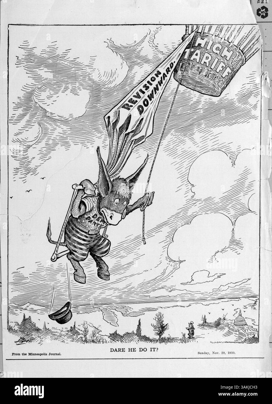 The cartoon 'Dare He Do It?' features the Democratic donkey dangling ...