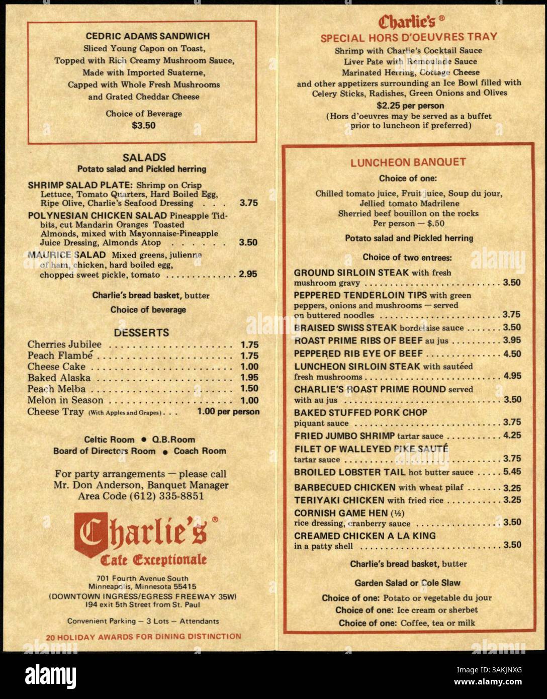 The 1972 menu for Charlie's Cafe Exceptionale includes selections for ...