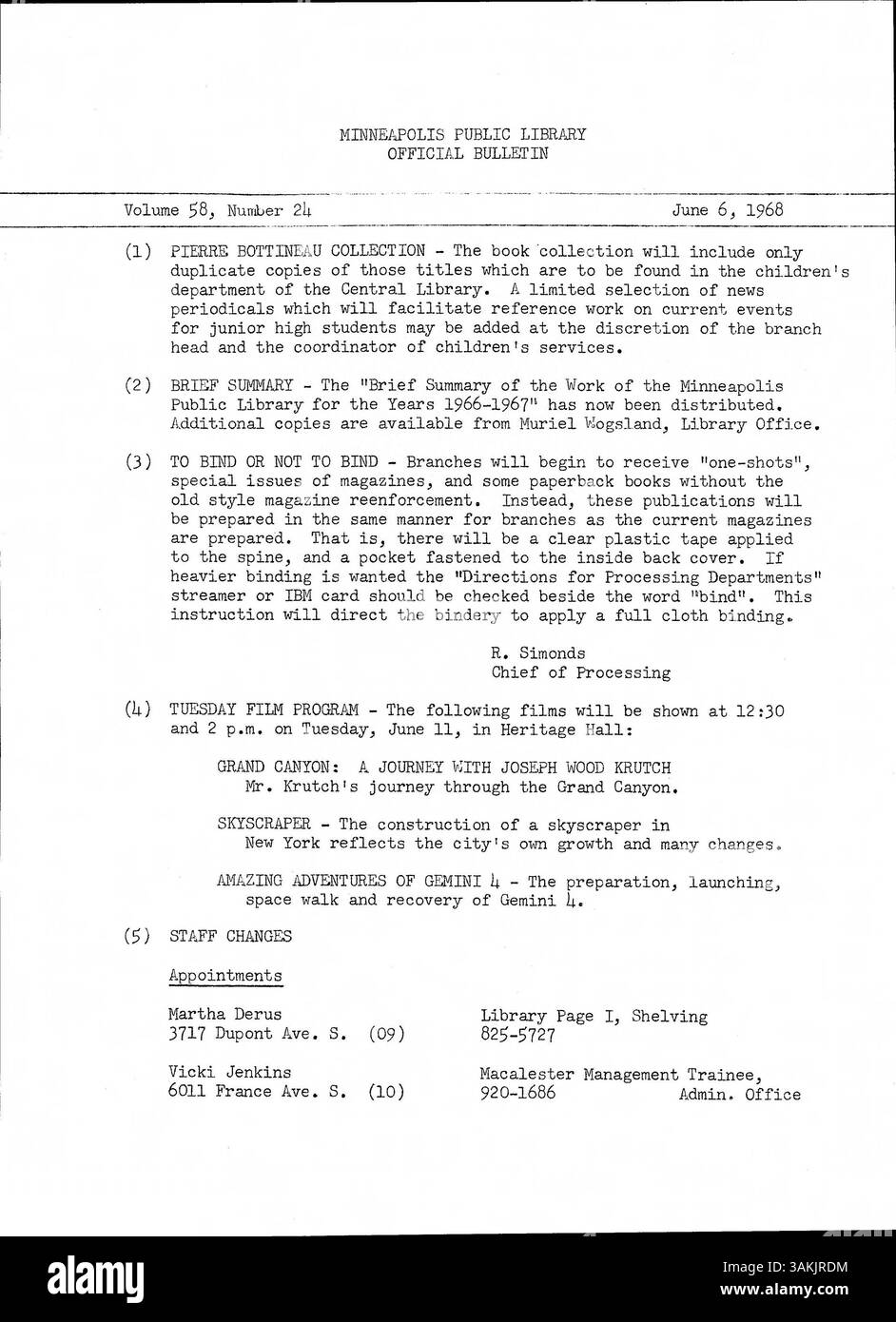 The 1968 Minneapolis Public Library bulletin updates employees on ...