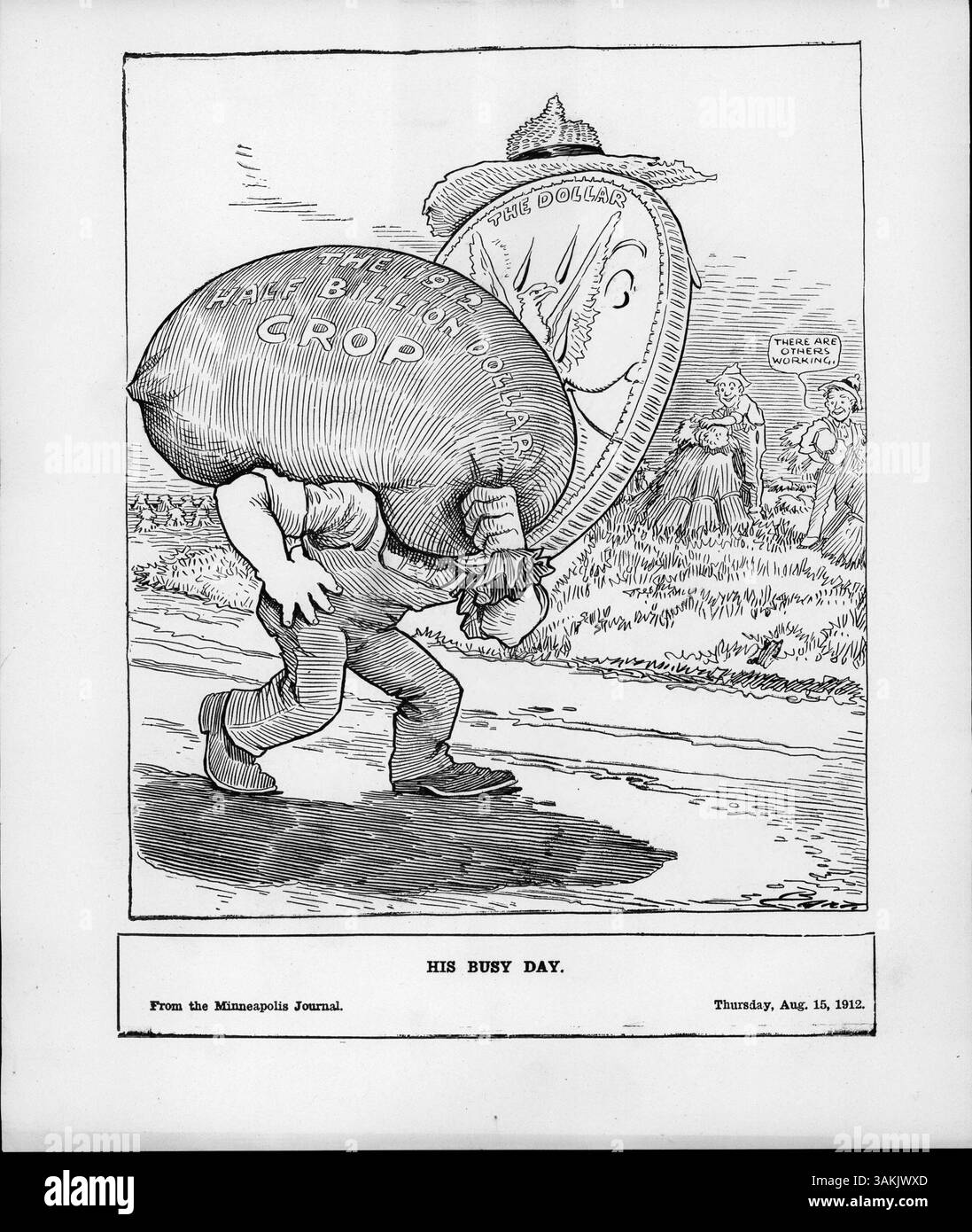 A 1912 illustration shows a dollar coin dressed as a farmer carrying a ...