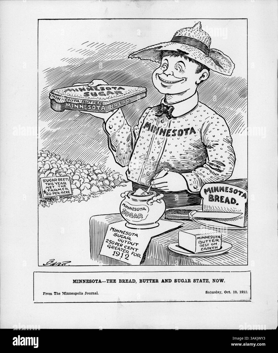 A vintage image of a smiling boy labeled Minnesota holding bread with ...