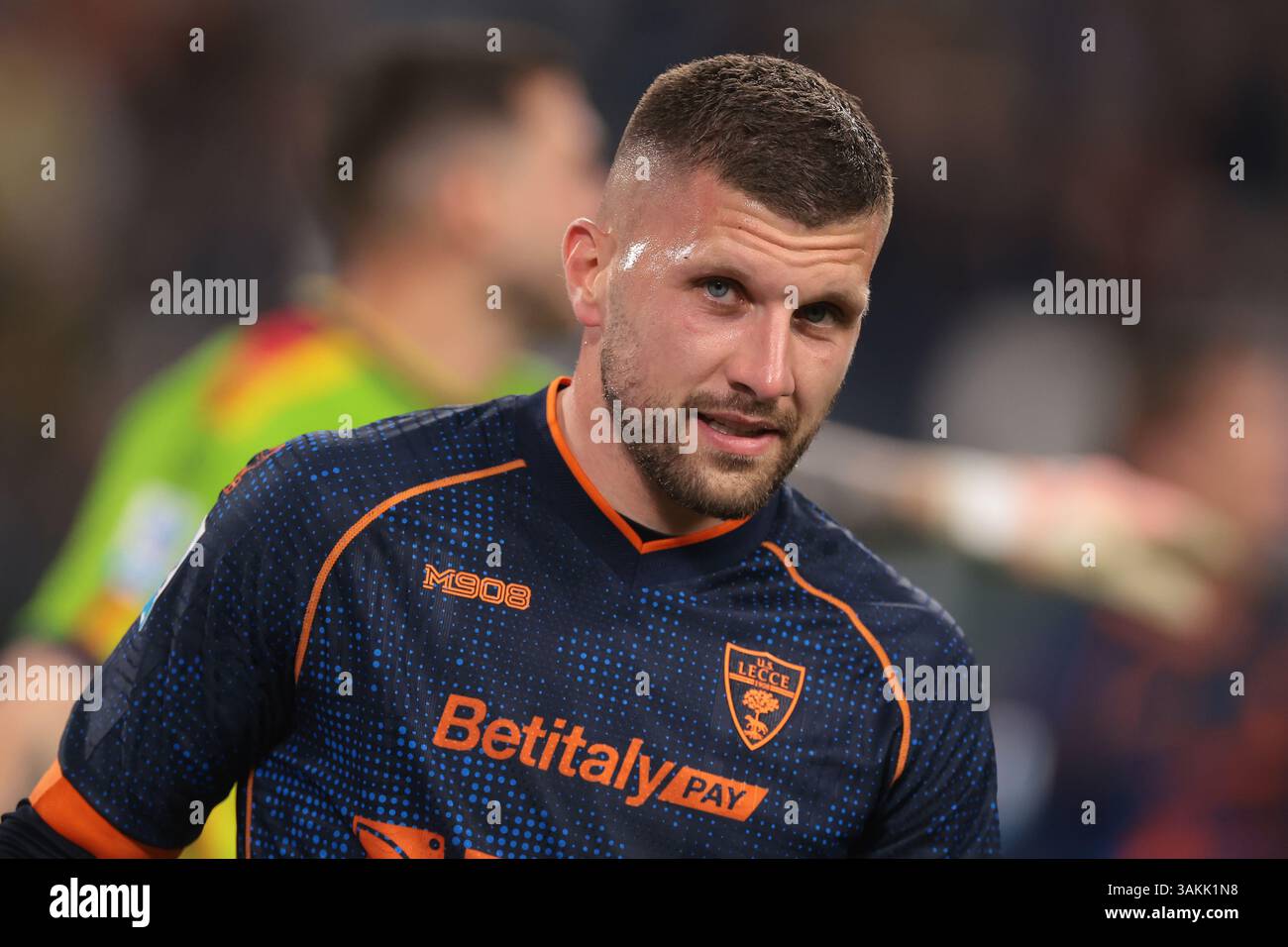 Turin, Italy. 12th Apr, 2025. Ante Rebic of US Lecce reacts during the ...