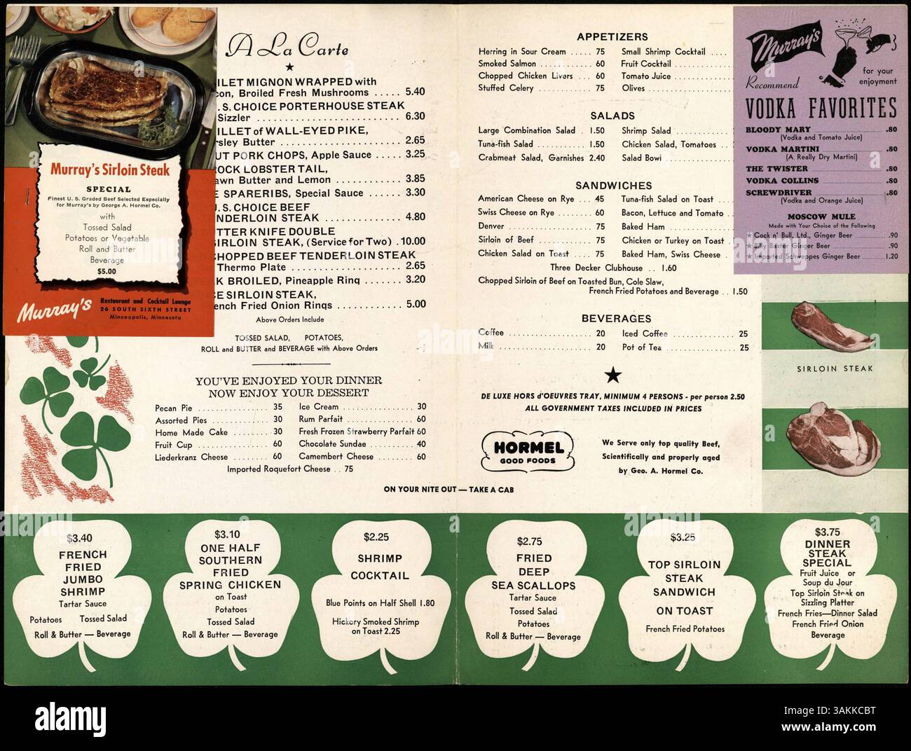 This Murray's Menu is a bi-fold printed menu with a shamrock motif ...