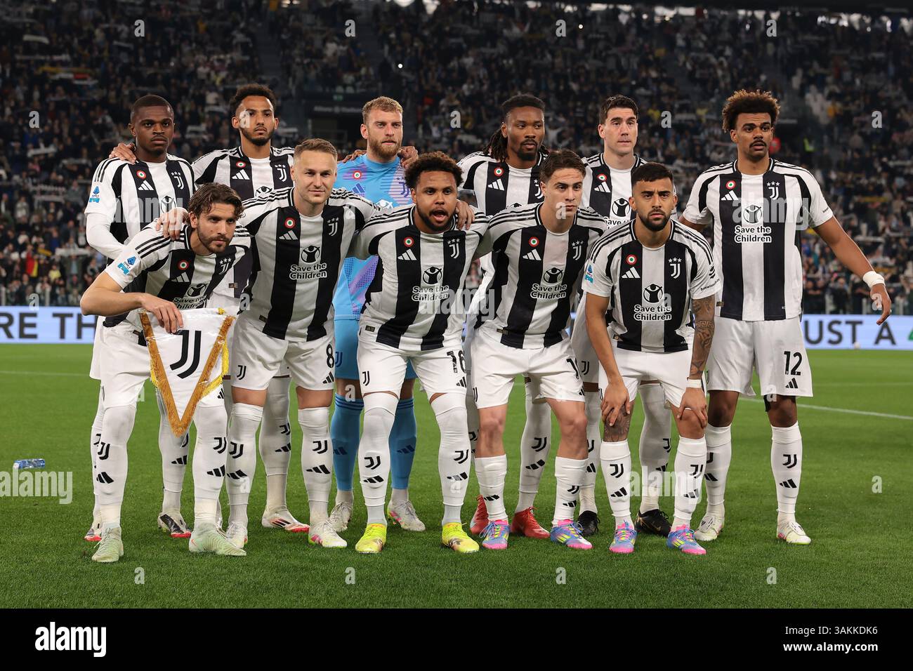 Turin, Italy. 12th Apr, 2025. The Juventus starting eleven line up for ...