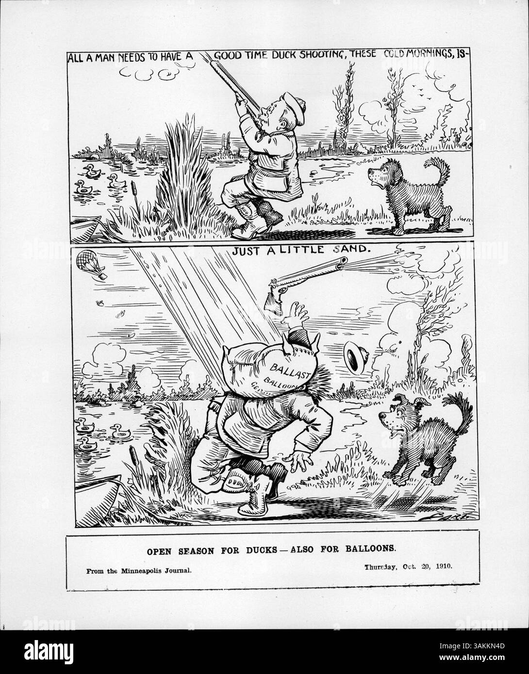 A cartoon shows a local hunter enjoying duck hunting when an unexpected ...