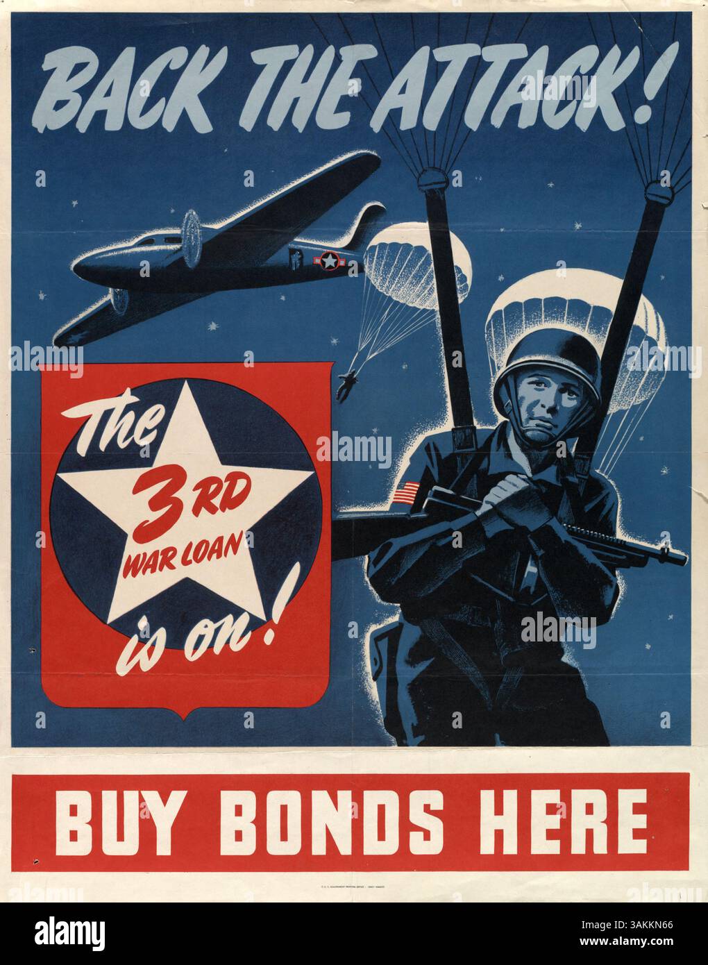 Three American soldiers parachute from an airplane at night in support ...