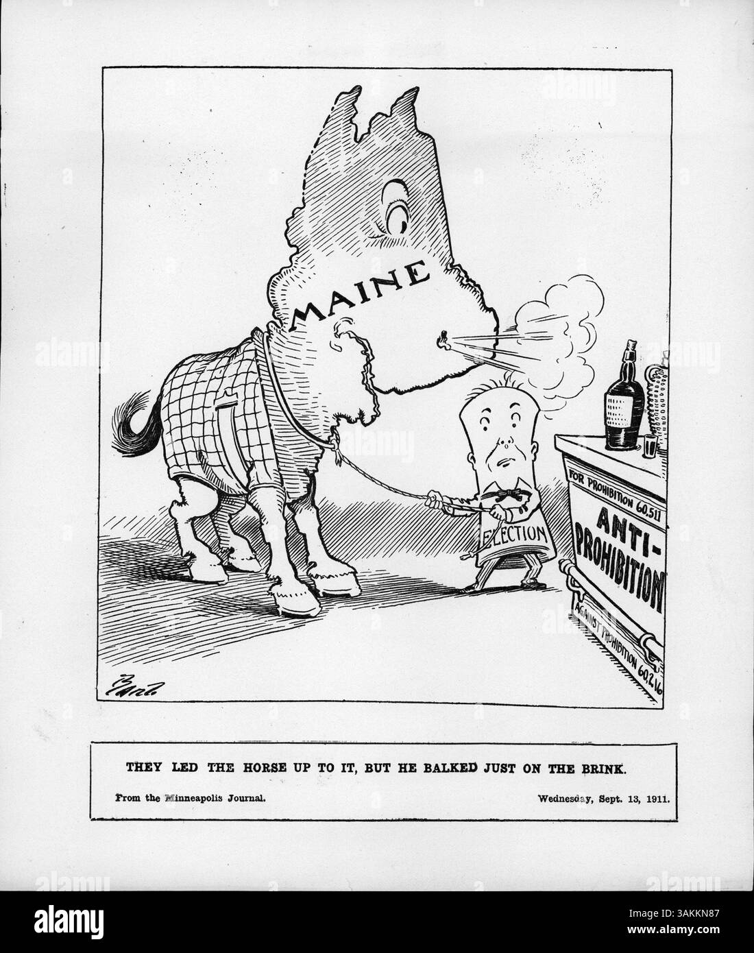 A scroll figure labeled Election leads a reluctant horse, shaped like ...