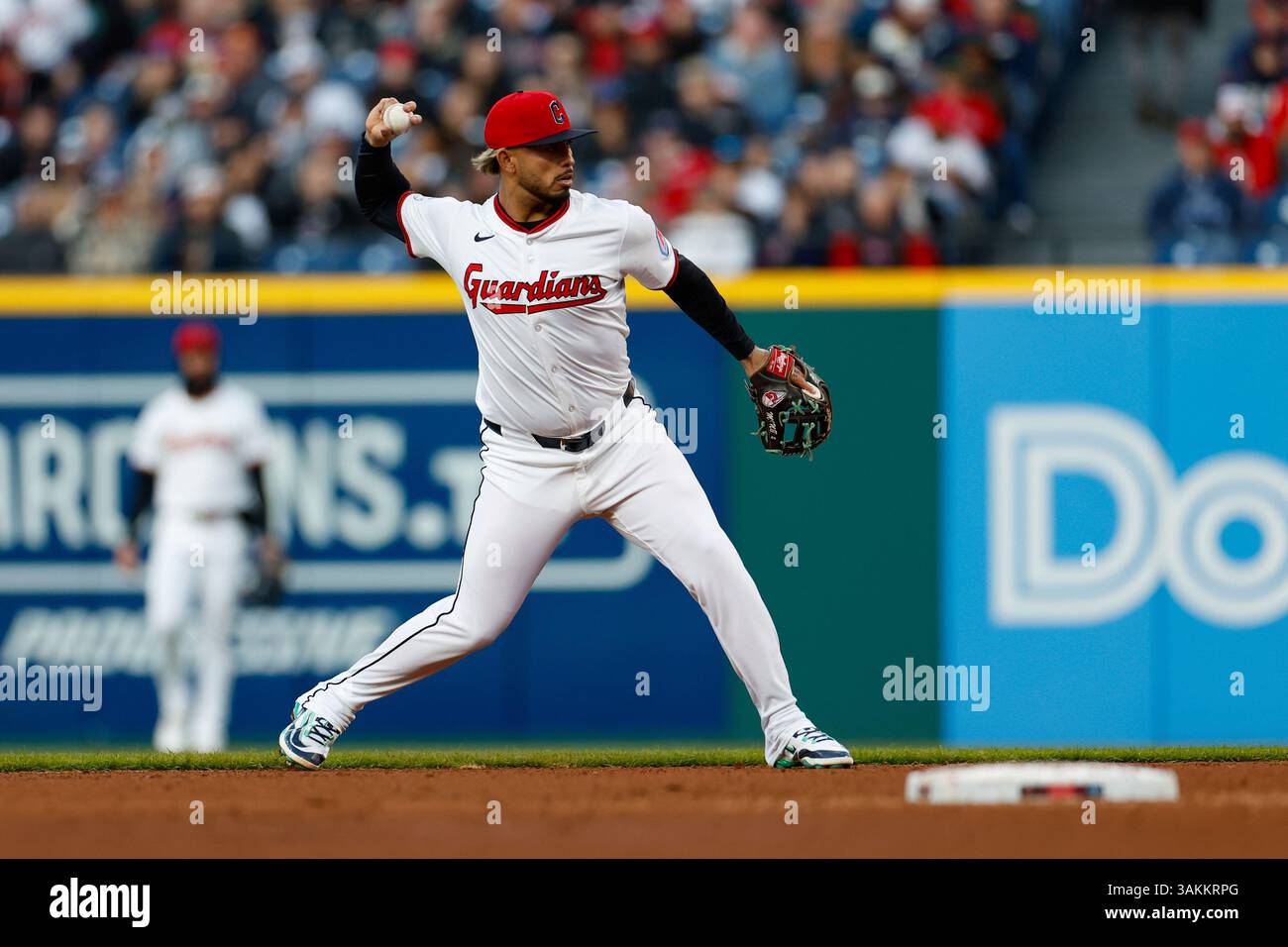 April 12, 2025: Cleveland Guardians shortstop Brayan Rocchio (4) throws ...