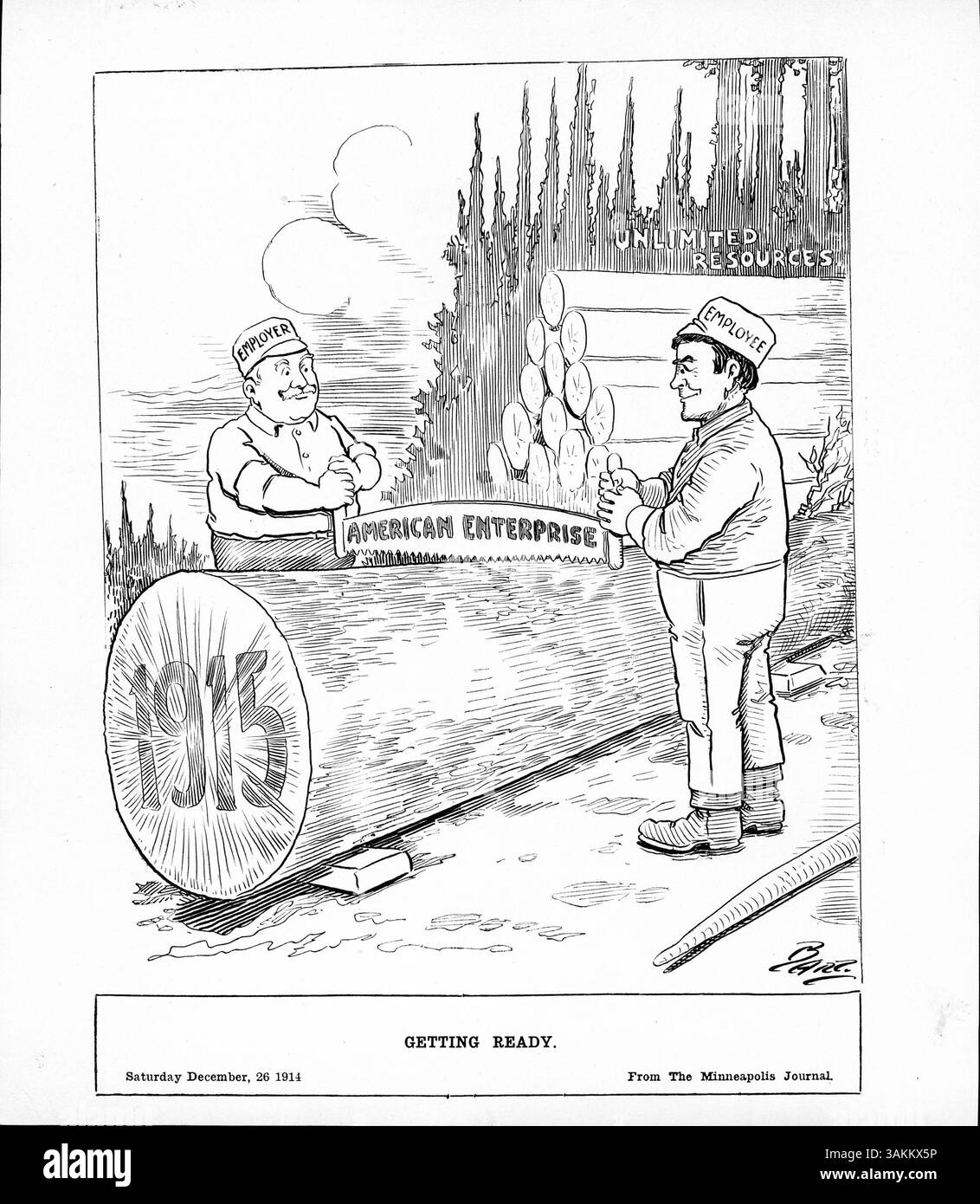 A 1915 illustration depicting an employer and employee preparing to cut ...