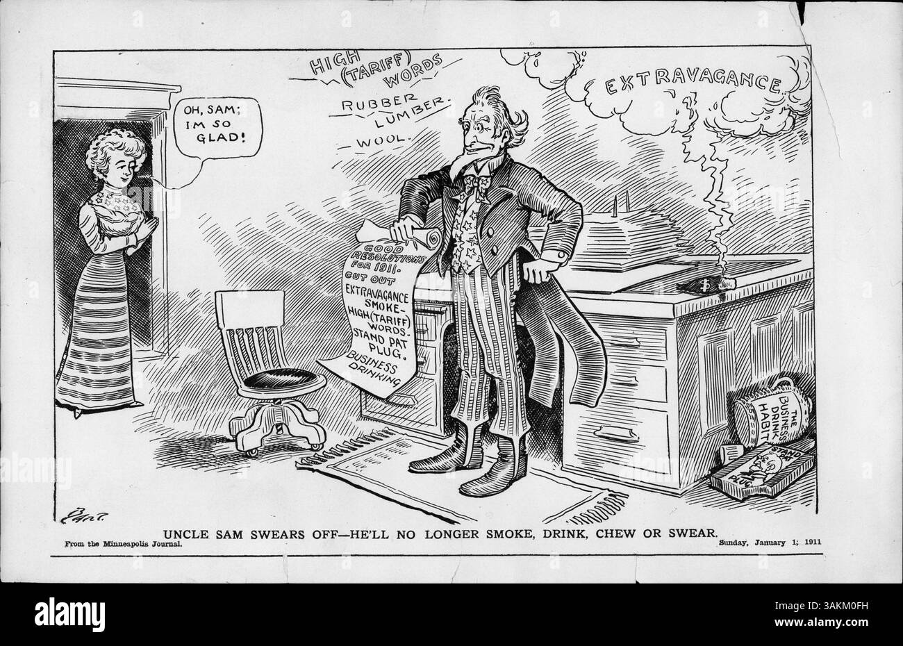 This 1911 illustration shows Uncle Sam standing before a desk holding a ...