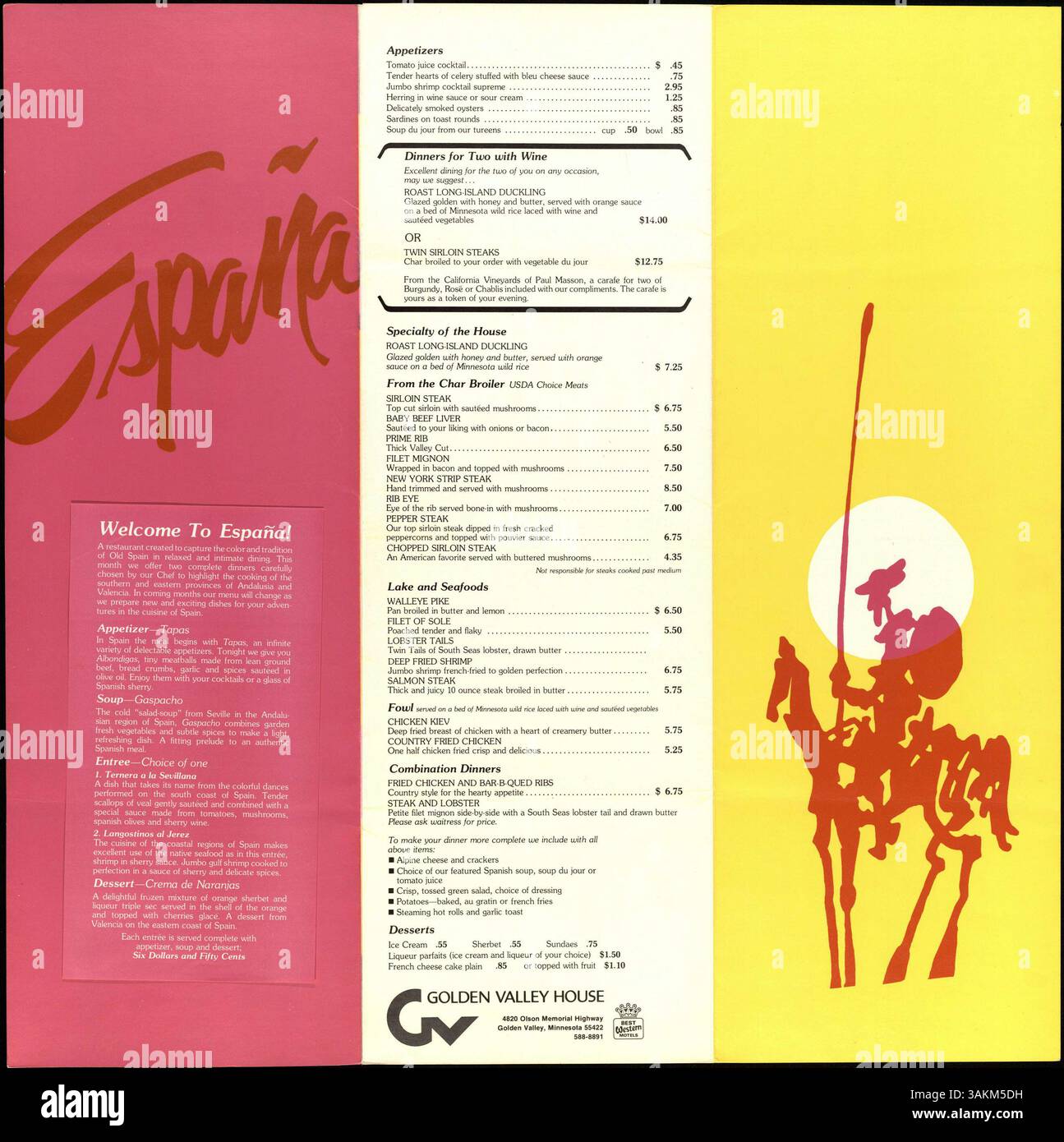 This tri-fold menu, featuring bright neon colors and a Don Quixote ...