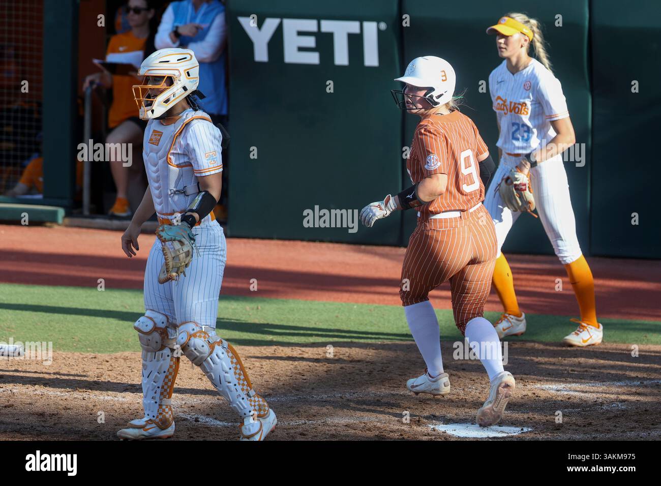 AUSTIN, TX - APRIL 12: Texas infielder Joley Mitchell (9) looks back ...