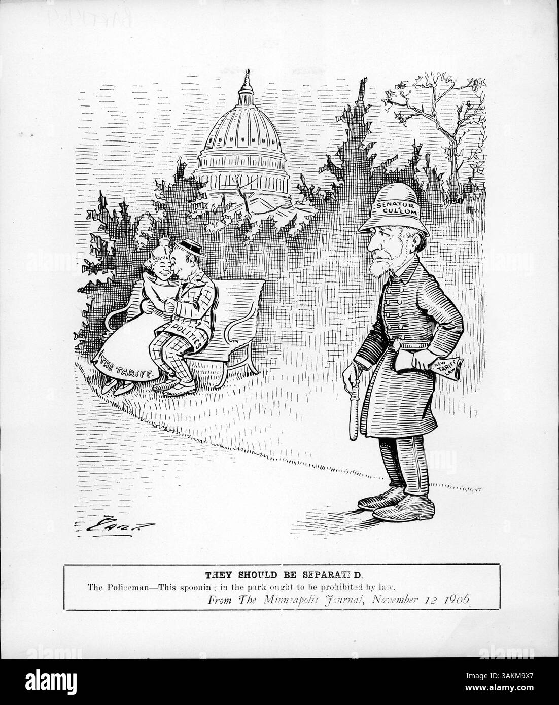 A political cartoon depicts Policeman Senator Cullom confronting a ...