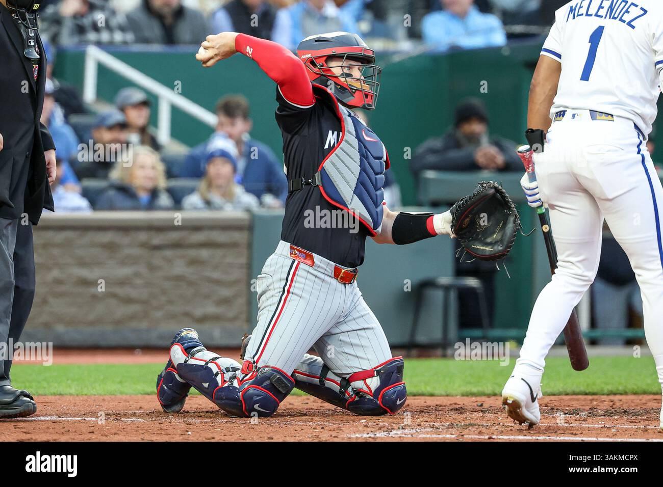 April 8, 2025: Minnesota Twins catcher Ryan Jeffers (27) throws to the ...