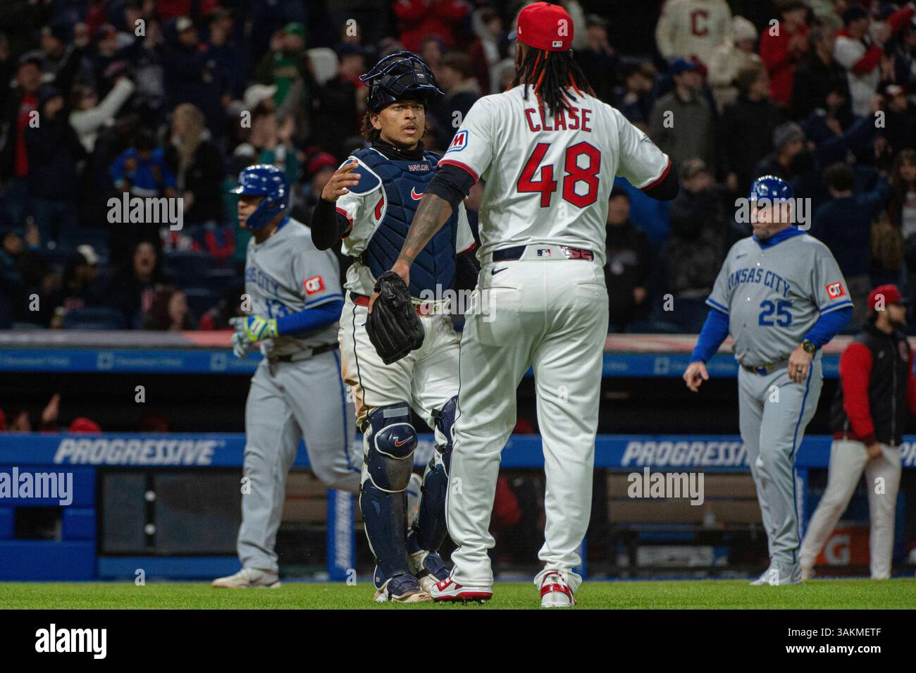 Cleveland Guardians' Bo Naylor, left, congratulates Cleveland Guardians ...