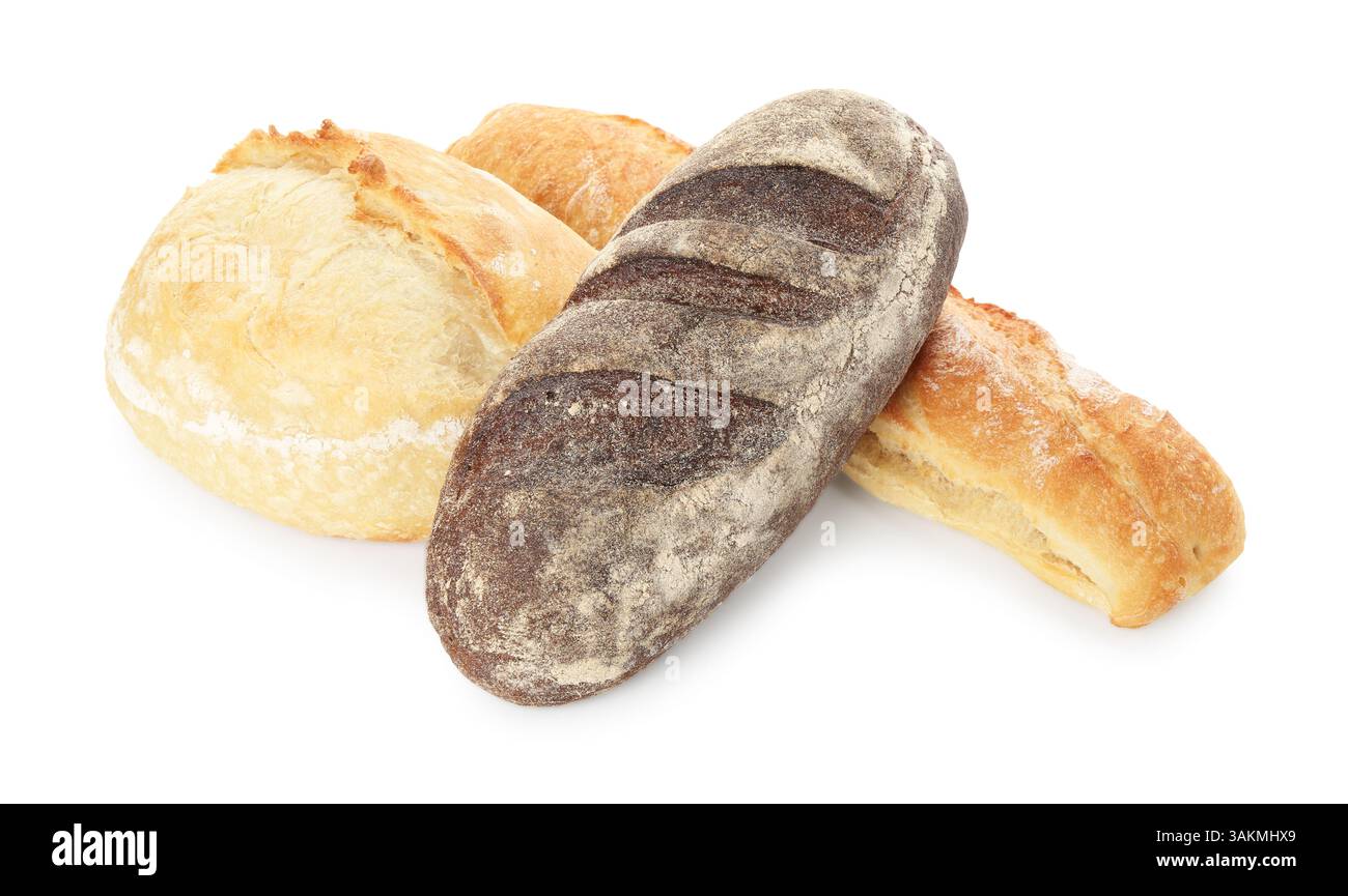 Different loaves of freshly baked bread isolated on white Stock Photo ...