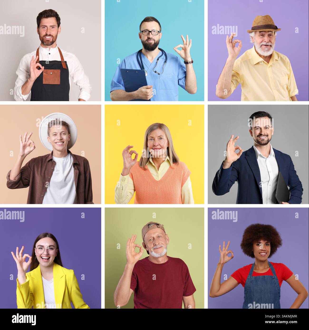 People showing Ok gesture on different colors backgrounds, collage ...