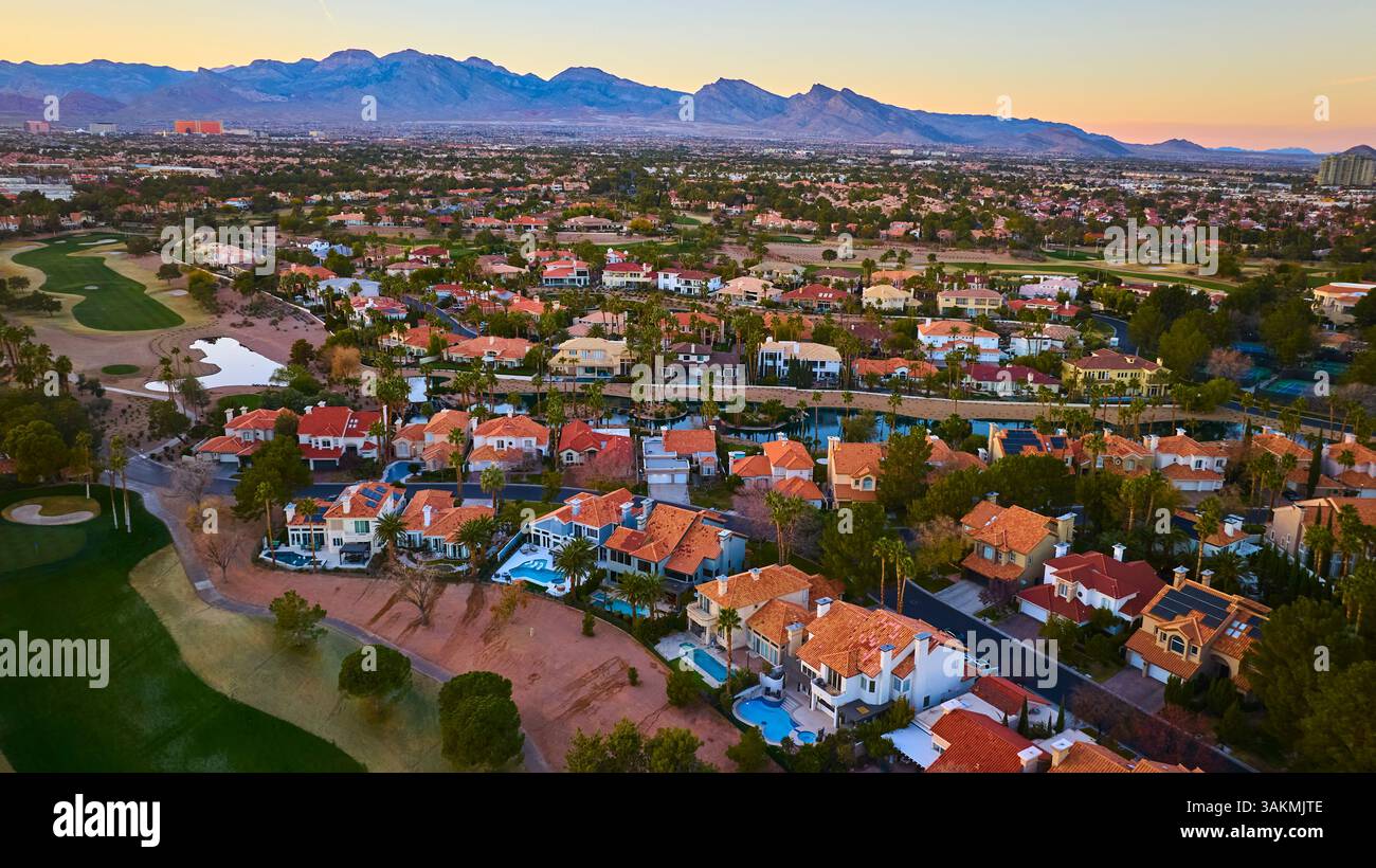 Aerial Suburban Luxury Homes Las Vegas Desert Golf Course Sunset View ...