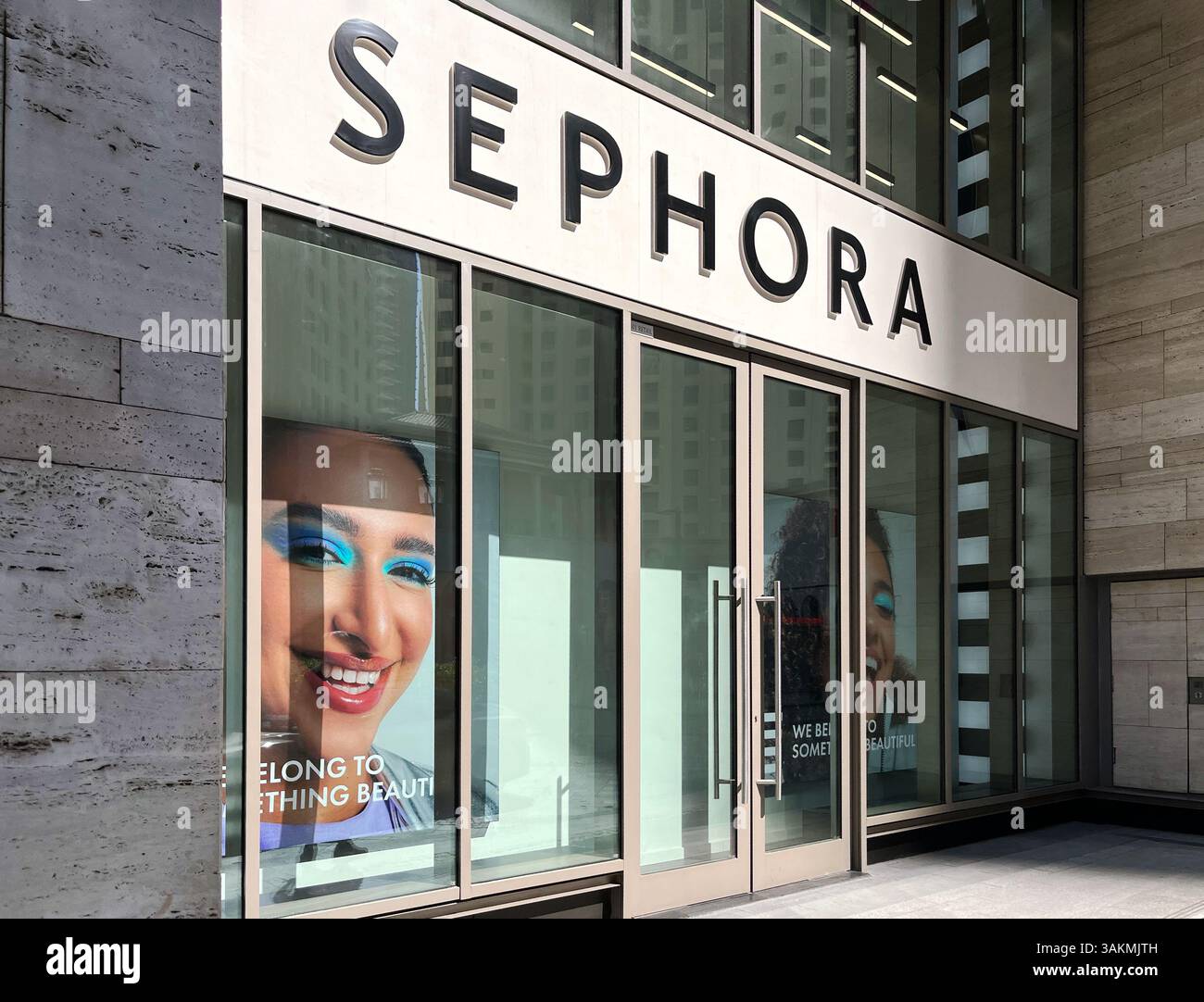 Sephora retail store window with branding. Cosmetics store, trends ...