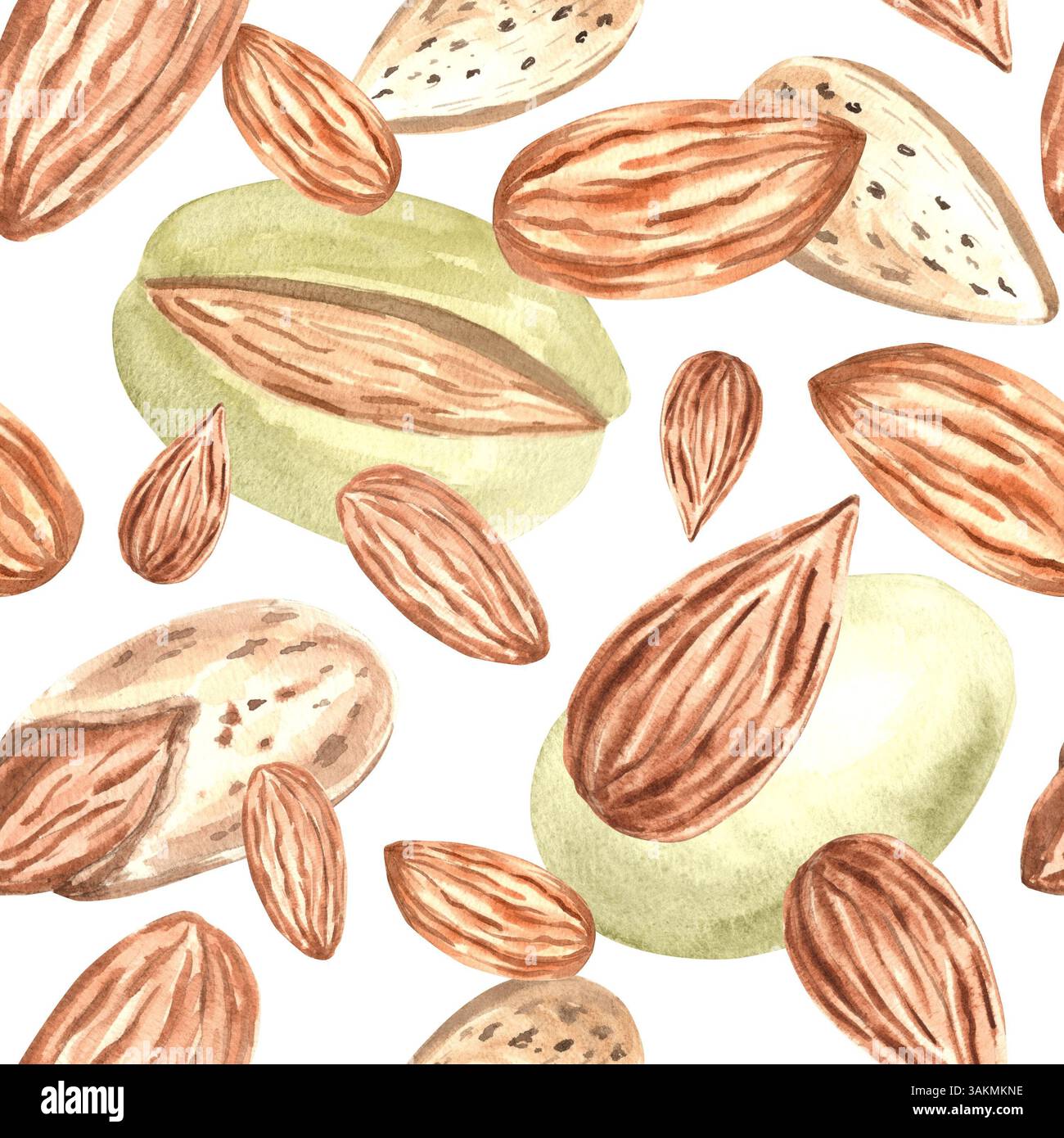 Almond nuts kernels with skin and shell watercolor seamless pattern ...