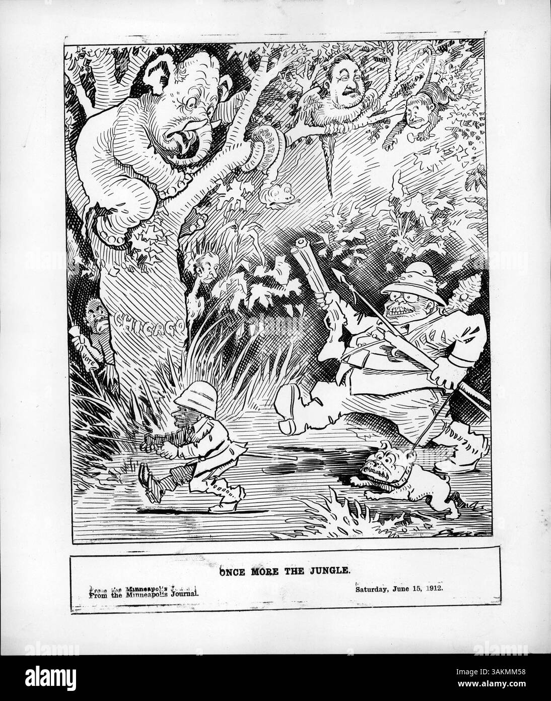 The illustration depicts Theodore Roosevelt navigating a symbolic ...