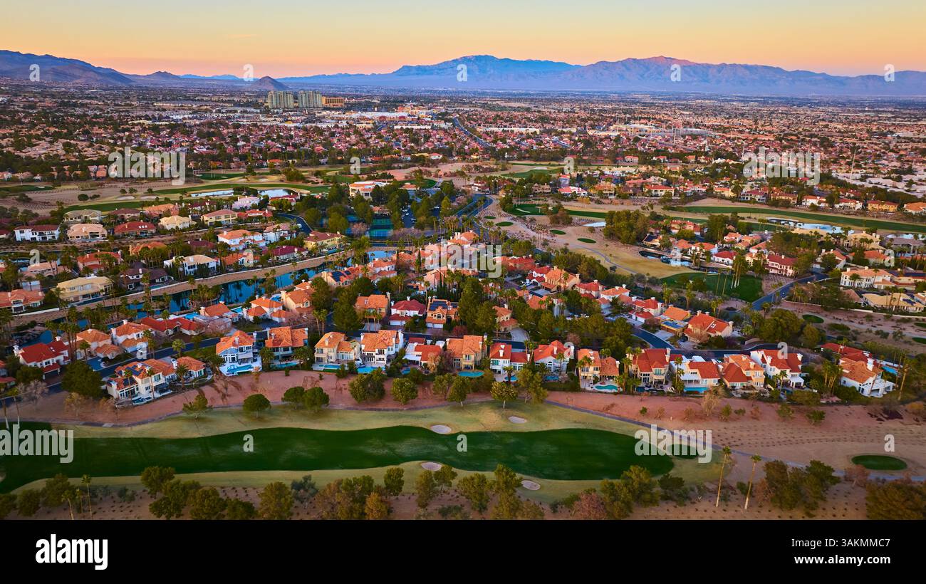 Aerial of Desert Golf Course and Suburban Homes at Sunset Stock Photo ...
