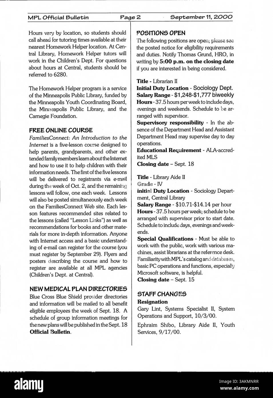This weekly bulletin, dated 2000, provides the Minneapolis Public ...